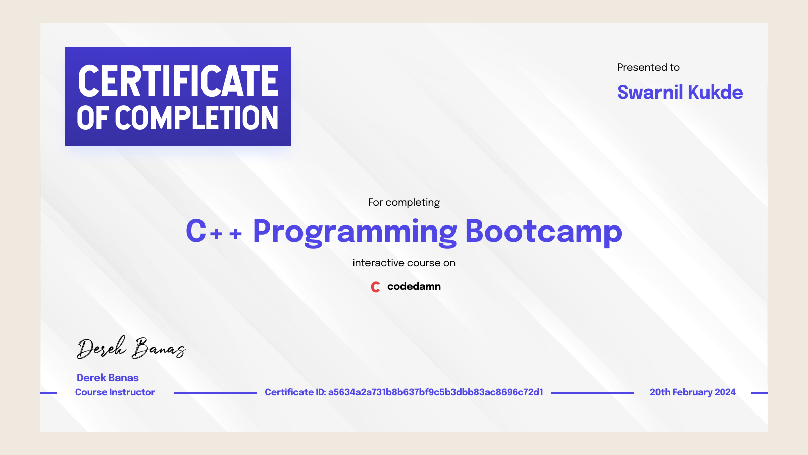 Swarnil Kukde's certification for C++ Programming Bootcamp | codedamn