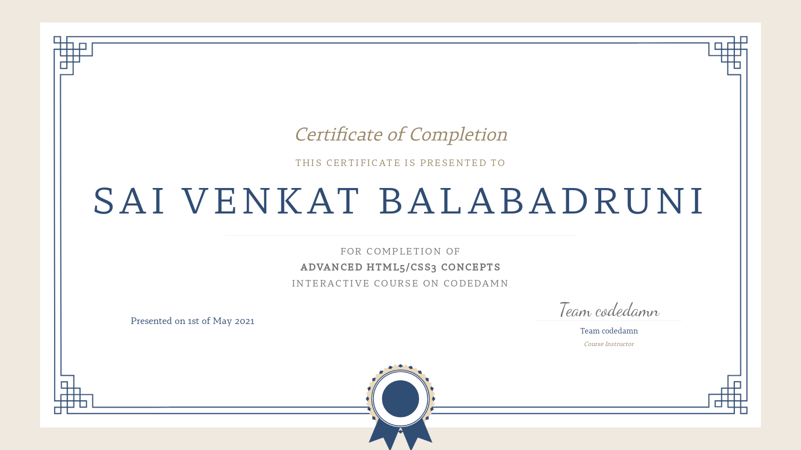 Sai Venkat Balabadrunis Certification For Learn Advanced Html And Css Concepts Updated 2023 