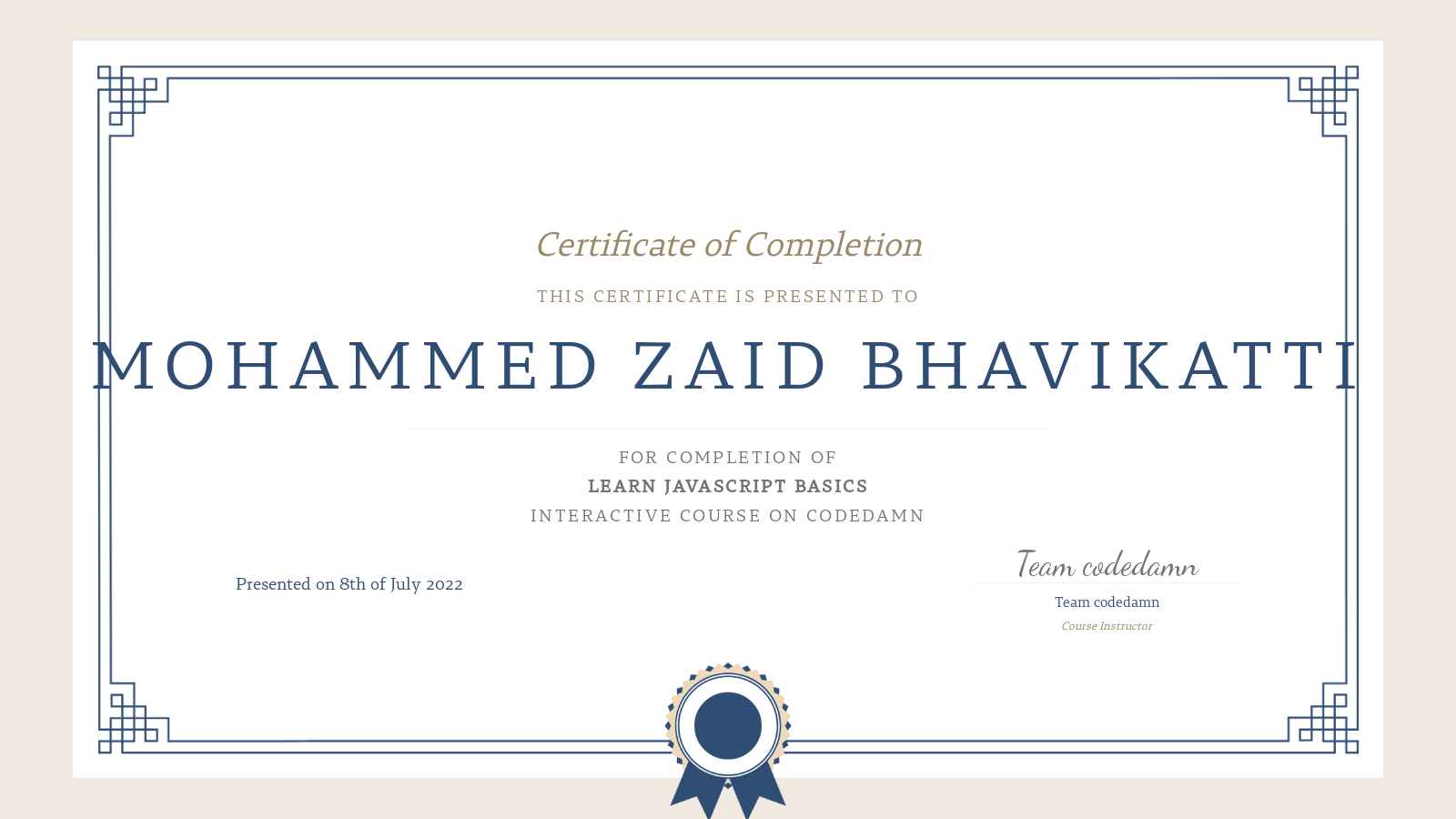 Mohammed Zaid Bhavikattis Certification For Learn Javascript Basics Codedamn