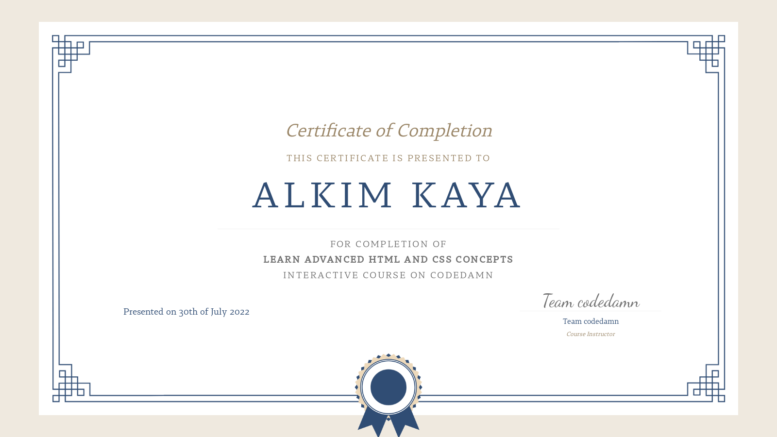 Alkım Kayas Certification For Learn Advanced Html And Css Concepts Updated 2023 Codedamn 4629