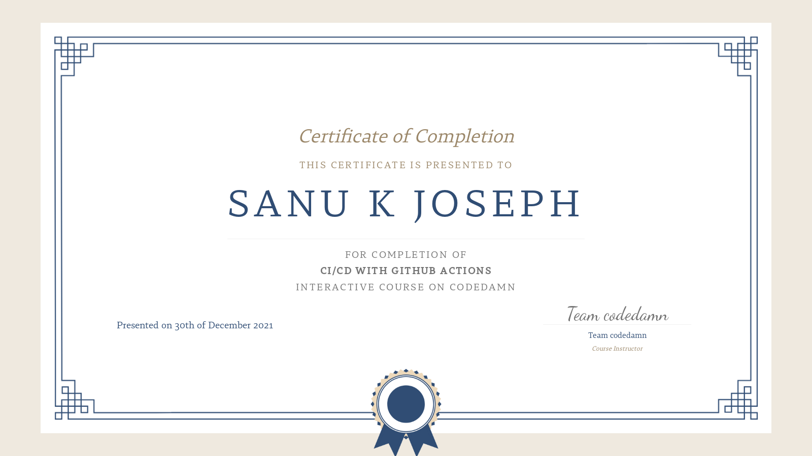 Sanu K Joseph's certification for CI/CD With GitHub Actions | codedamn