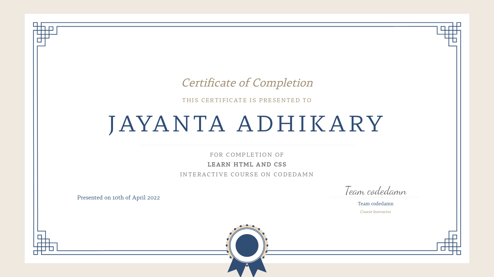 Jayanta Adhikarys Certification For Learn Html And Css 2023 Ready Codedamn