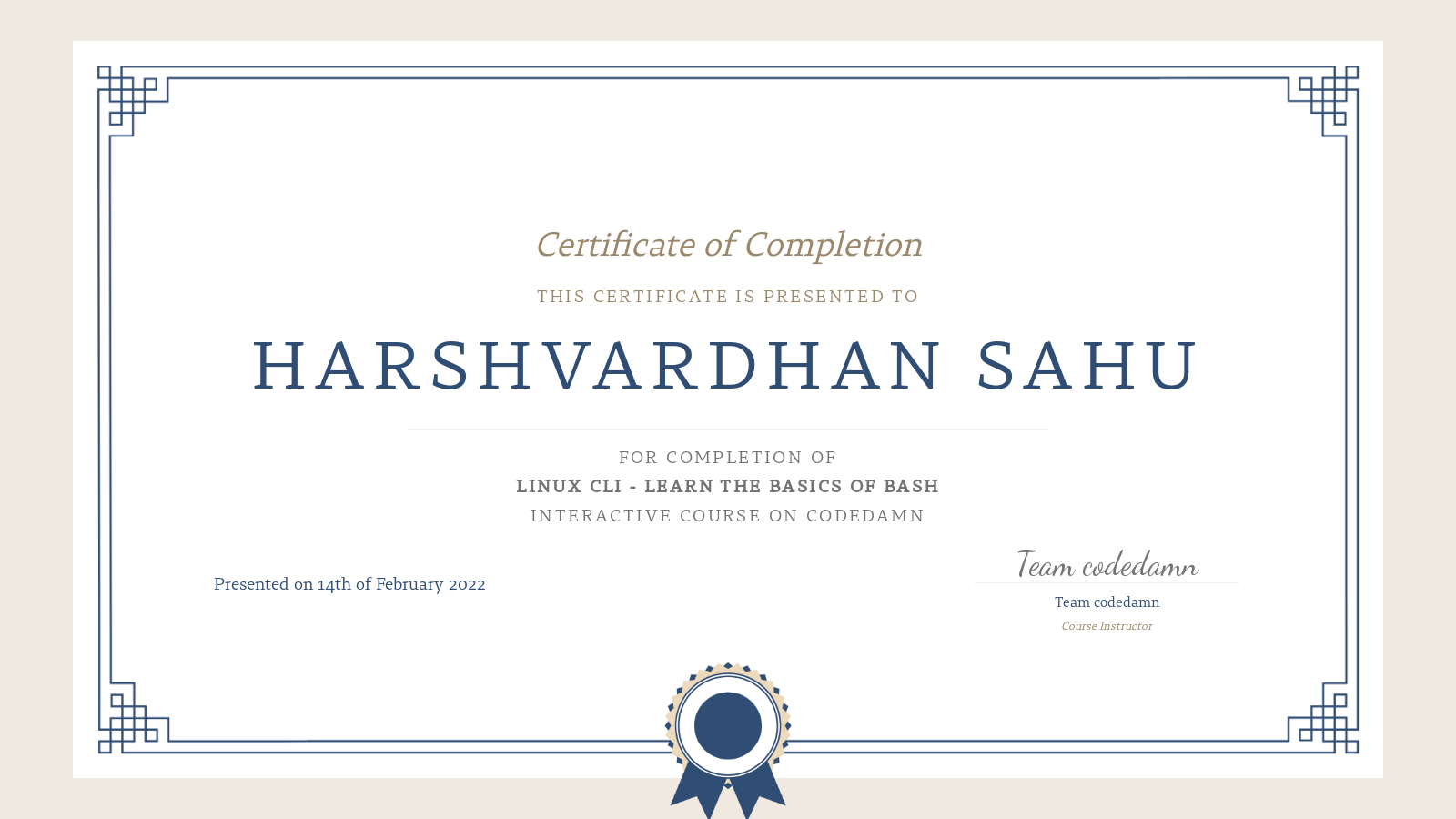 HARSHVARDHAN SAHU's certification for Linux CLI - Learn the basics of bash | codedamn
