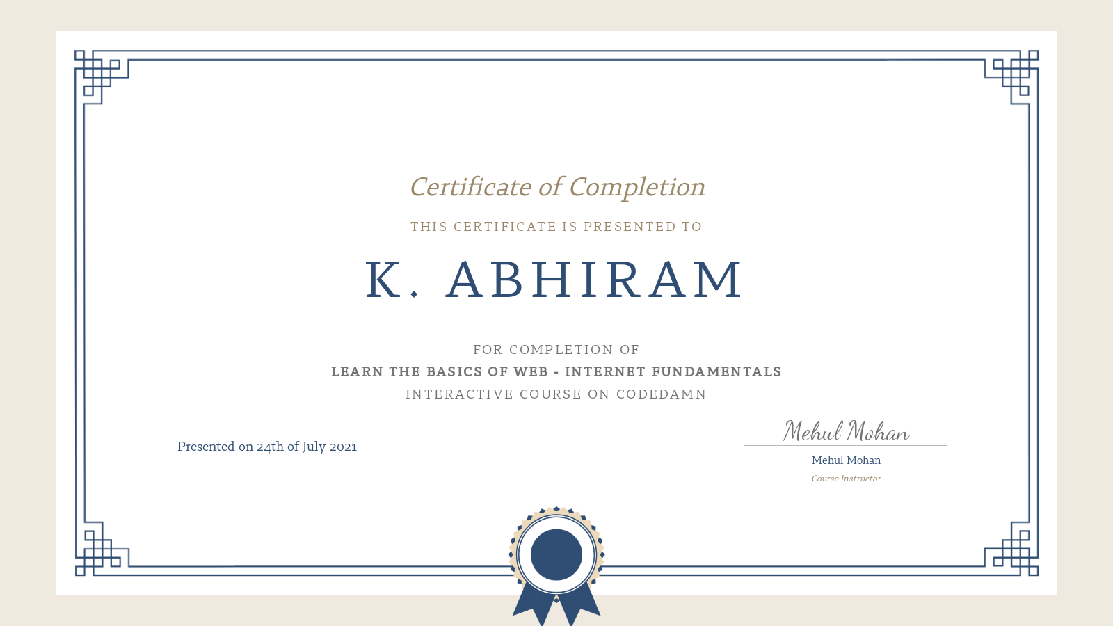 K Abhirams Certification For Learn The Basics Of Web Internet Fundamentals Codedamn 7410
