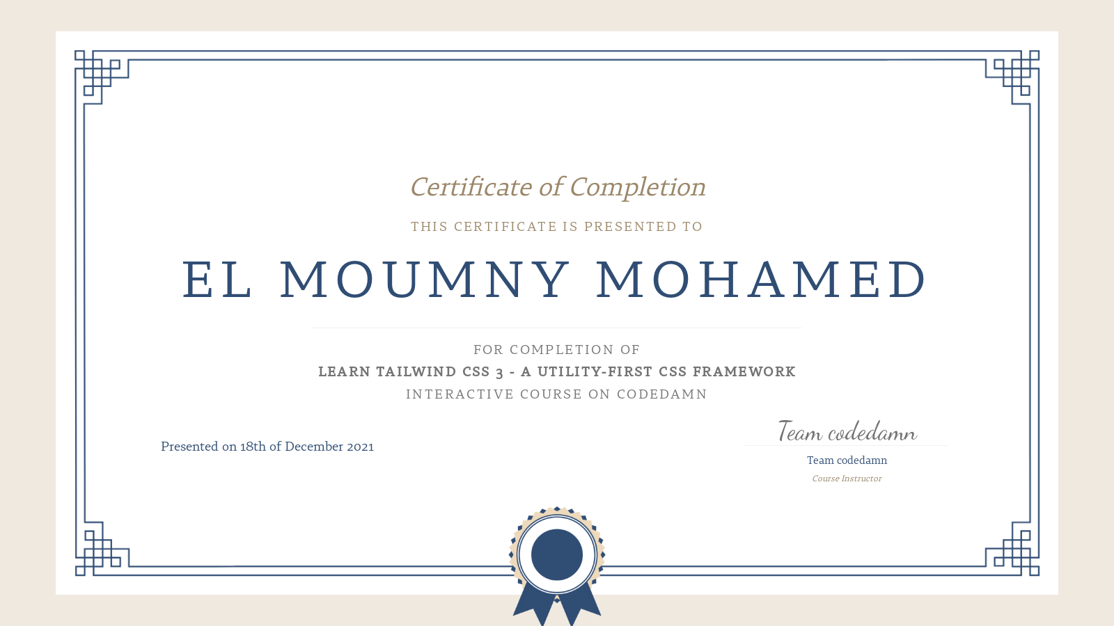 EL Moumny Mohamed's certification for Learn Tailwind CSS 3 - A utility ...