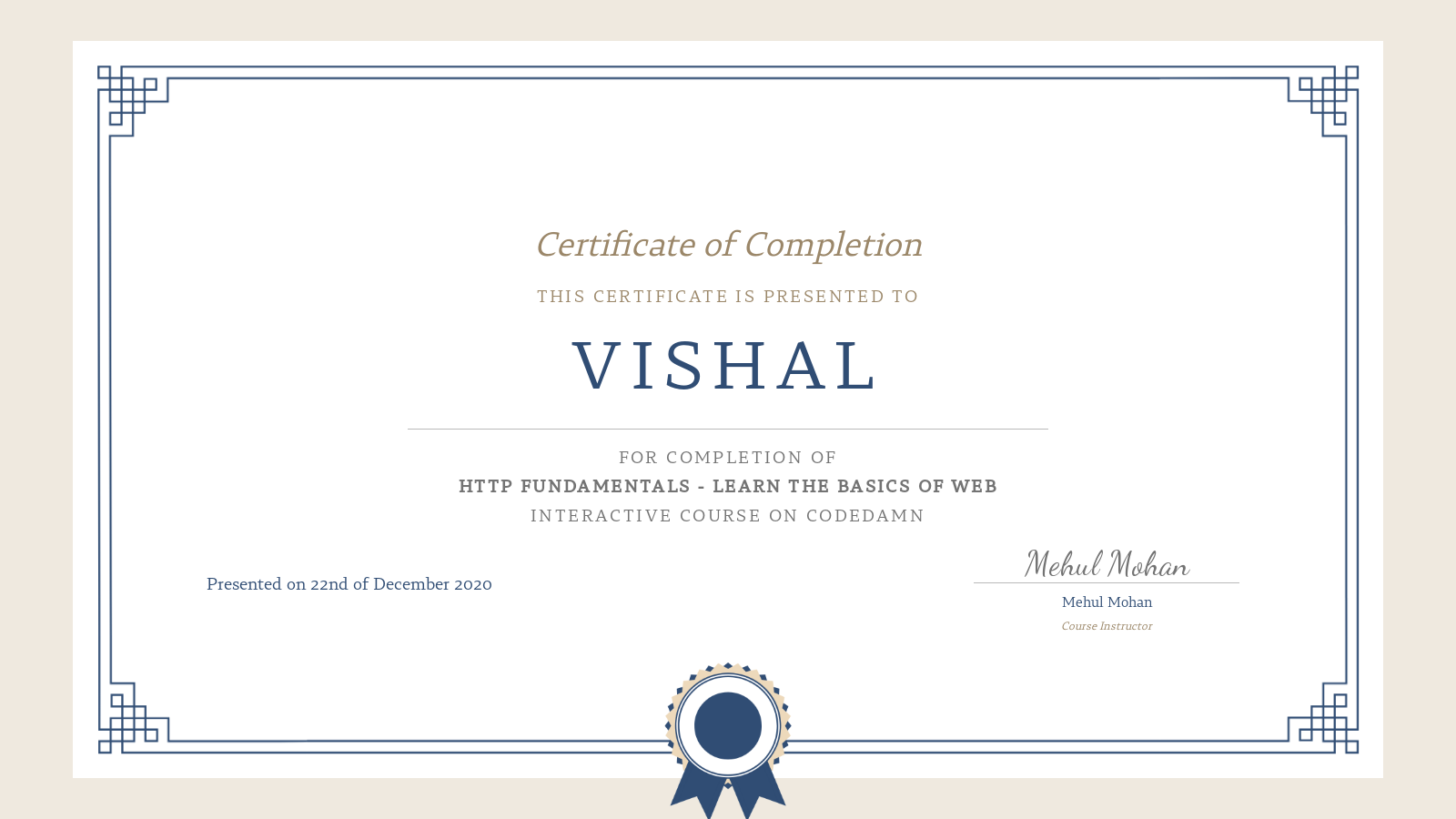 Vishal's certification for Learn the basics of web - Internet fundamentals | codedamn