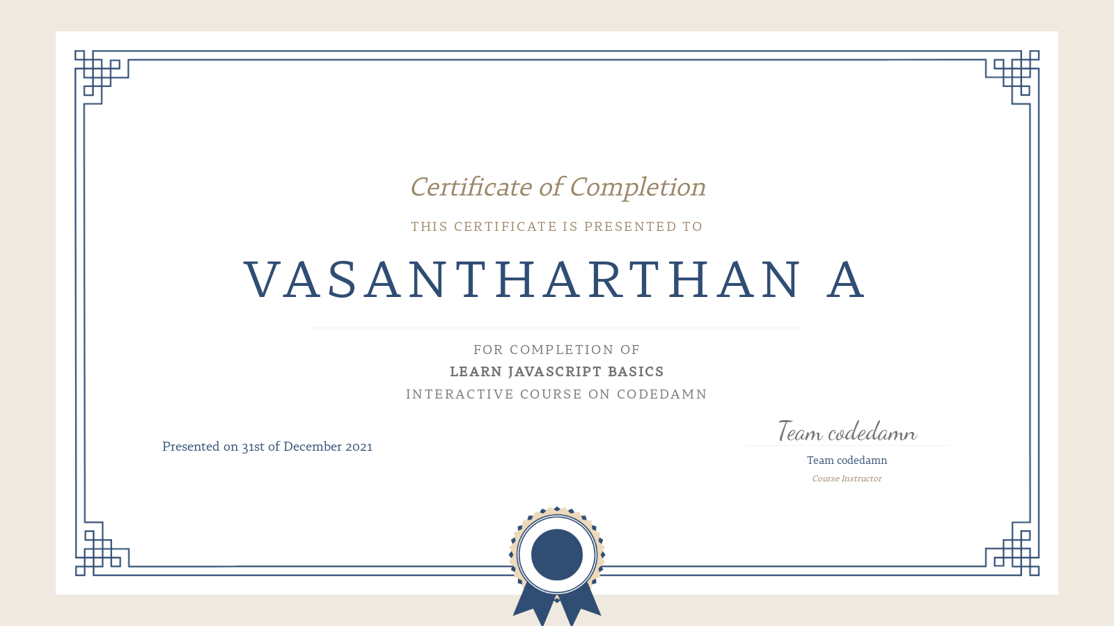 Vasantharthan As Certification For Learn Javascript Basics Codedamn 