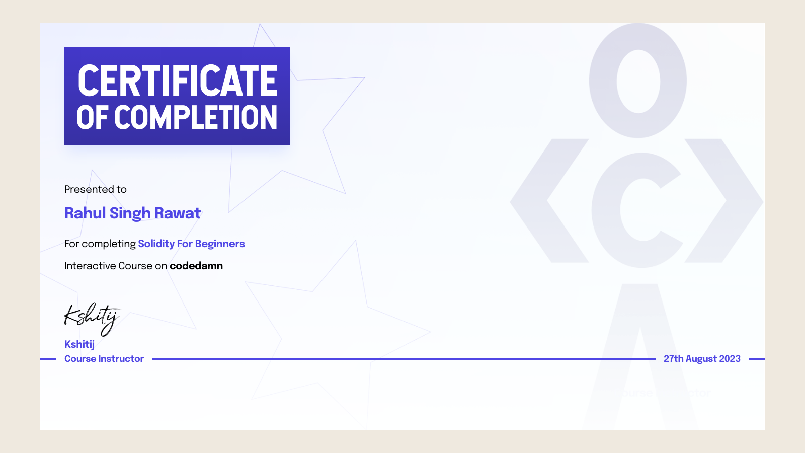 Rahul Singh Rawat's certification for Solidity For Beginners | codedamn
