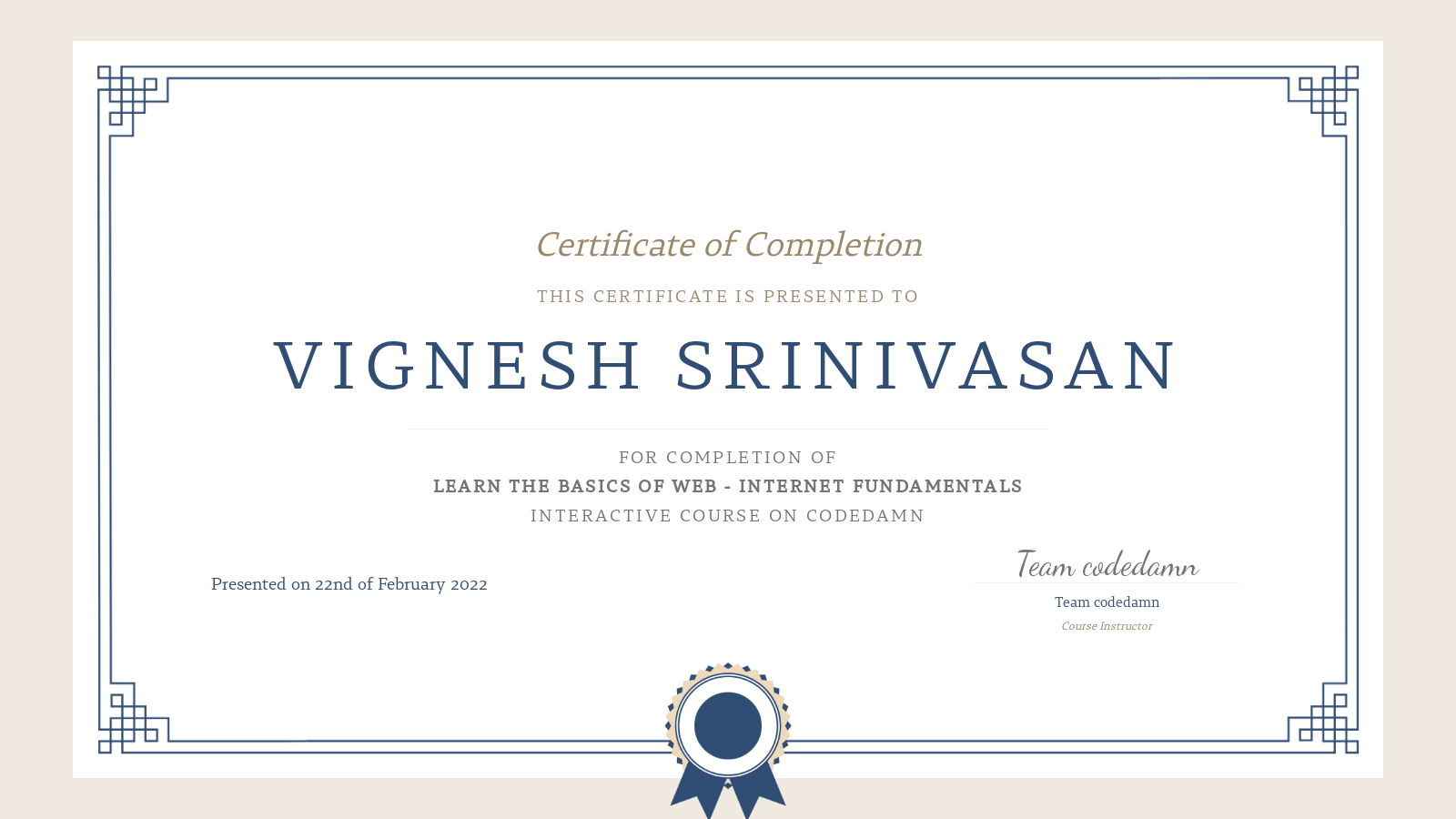 Vignesh Srinivasans Certification For Learn The Basics Of Web Internet Fundamentals Codedamn