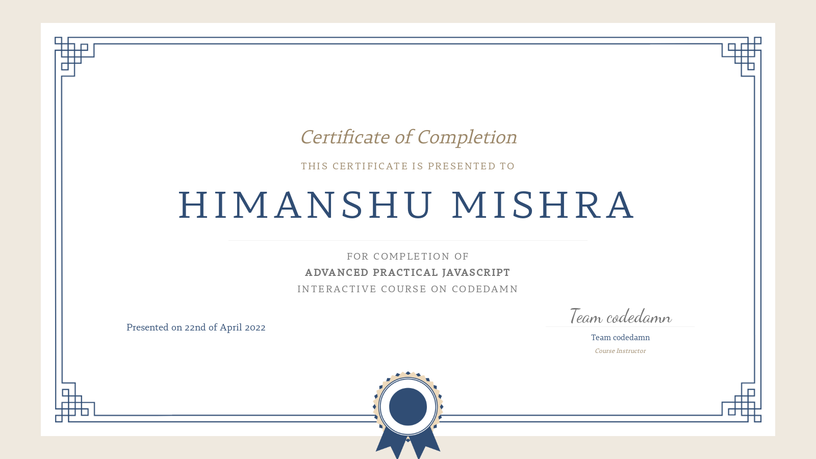 Himanshu Mishra's certification for Advanced Practical JavaScript | codedamn