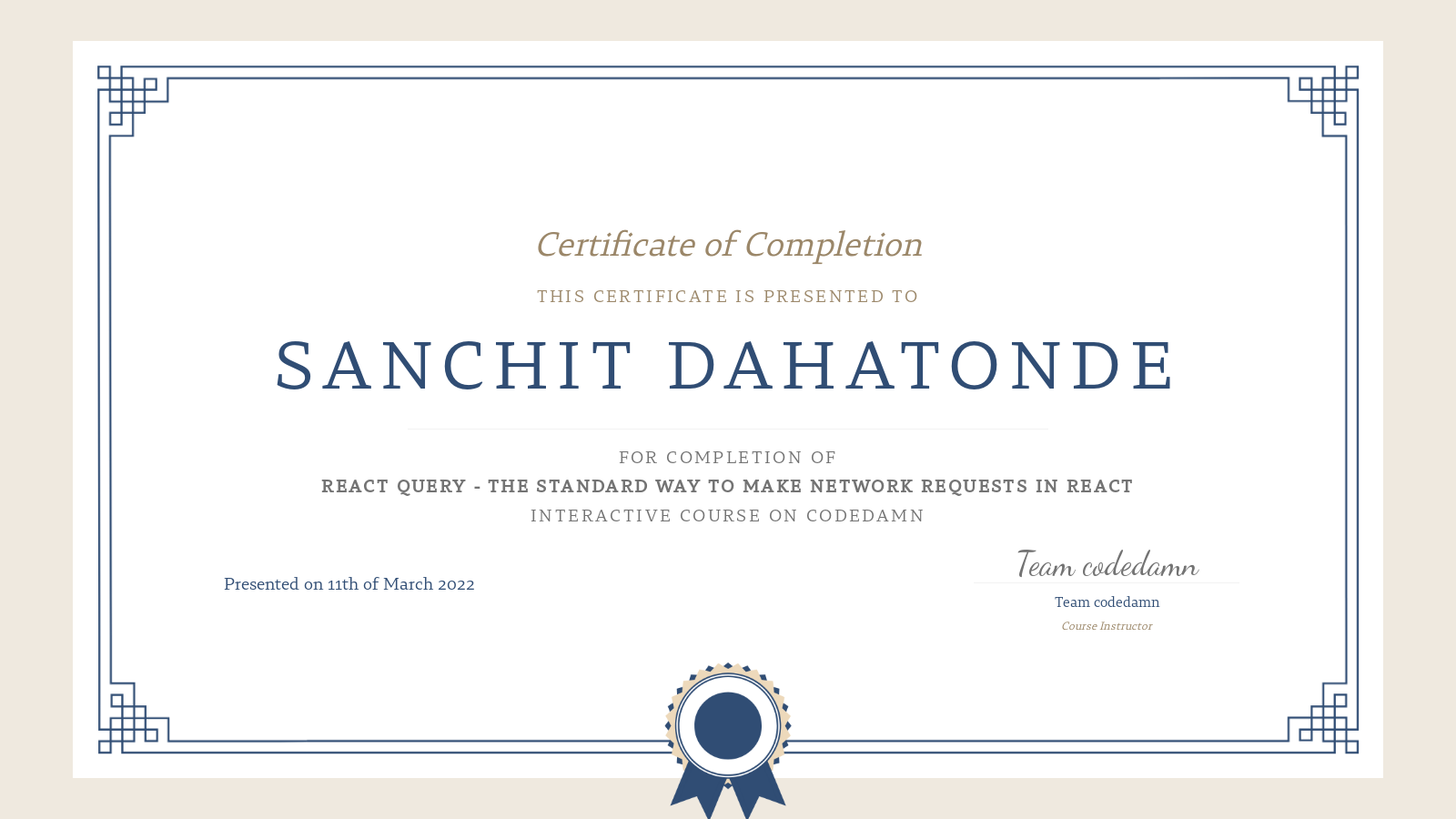 Sanchit Dahatonde's certification for React Query - The standard way to make network requests in ...