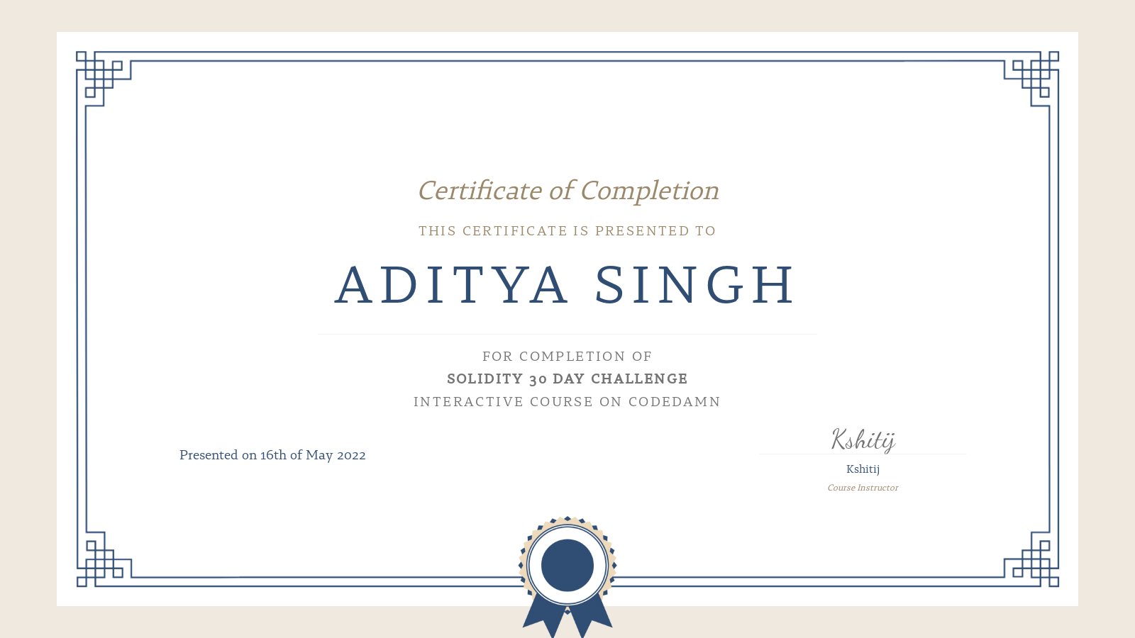 Aditya Singh's certification for Solidity 30 day challenge | codedamn