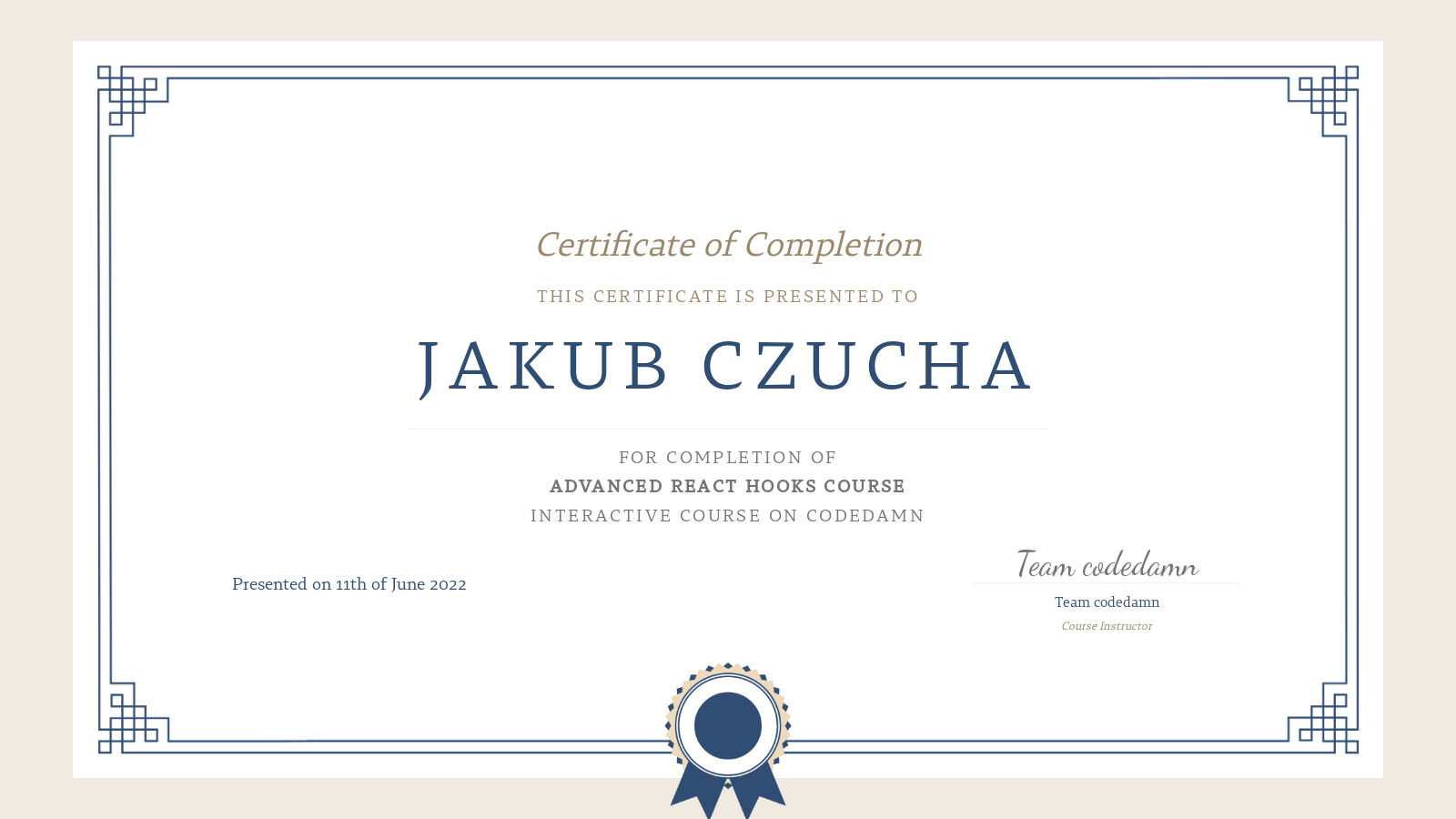 Jakub Czucha's certification for Advanced React Hooks Course | codedamn
