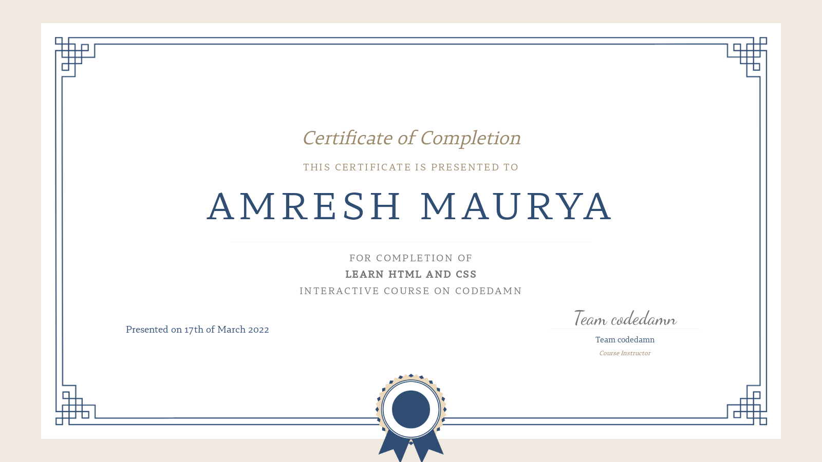 Amresh Mauryas Certification For Learn Html And Css 2023 Ready Codedamn