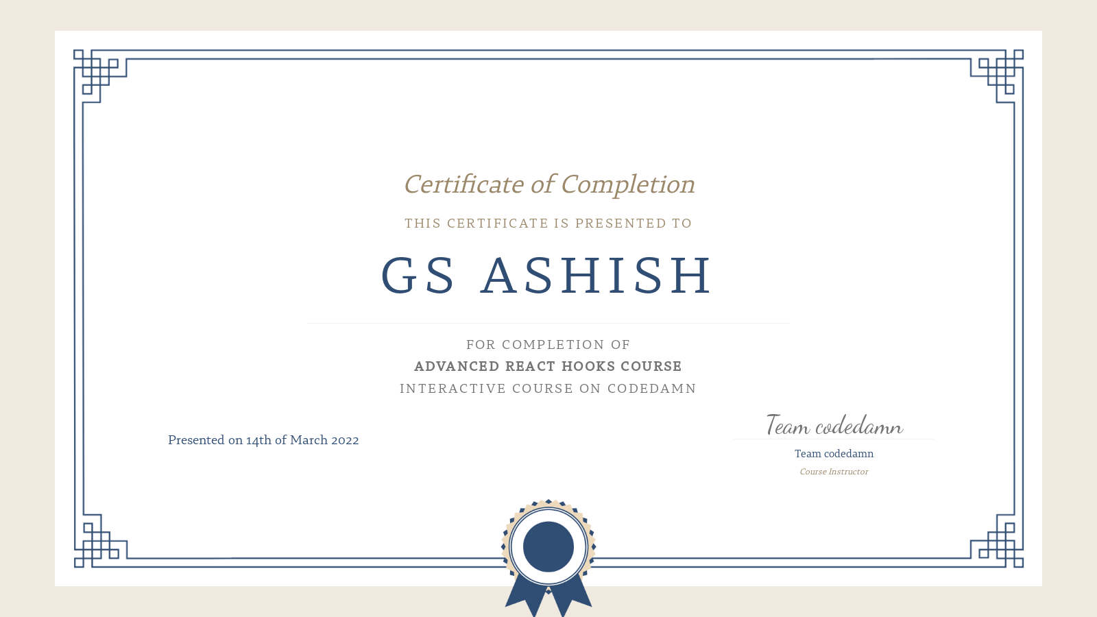 GS Ashish's certification for Advanced React Hooks Course | codedamn