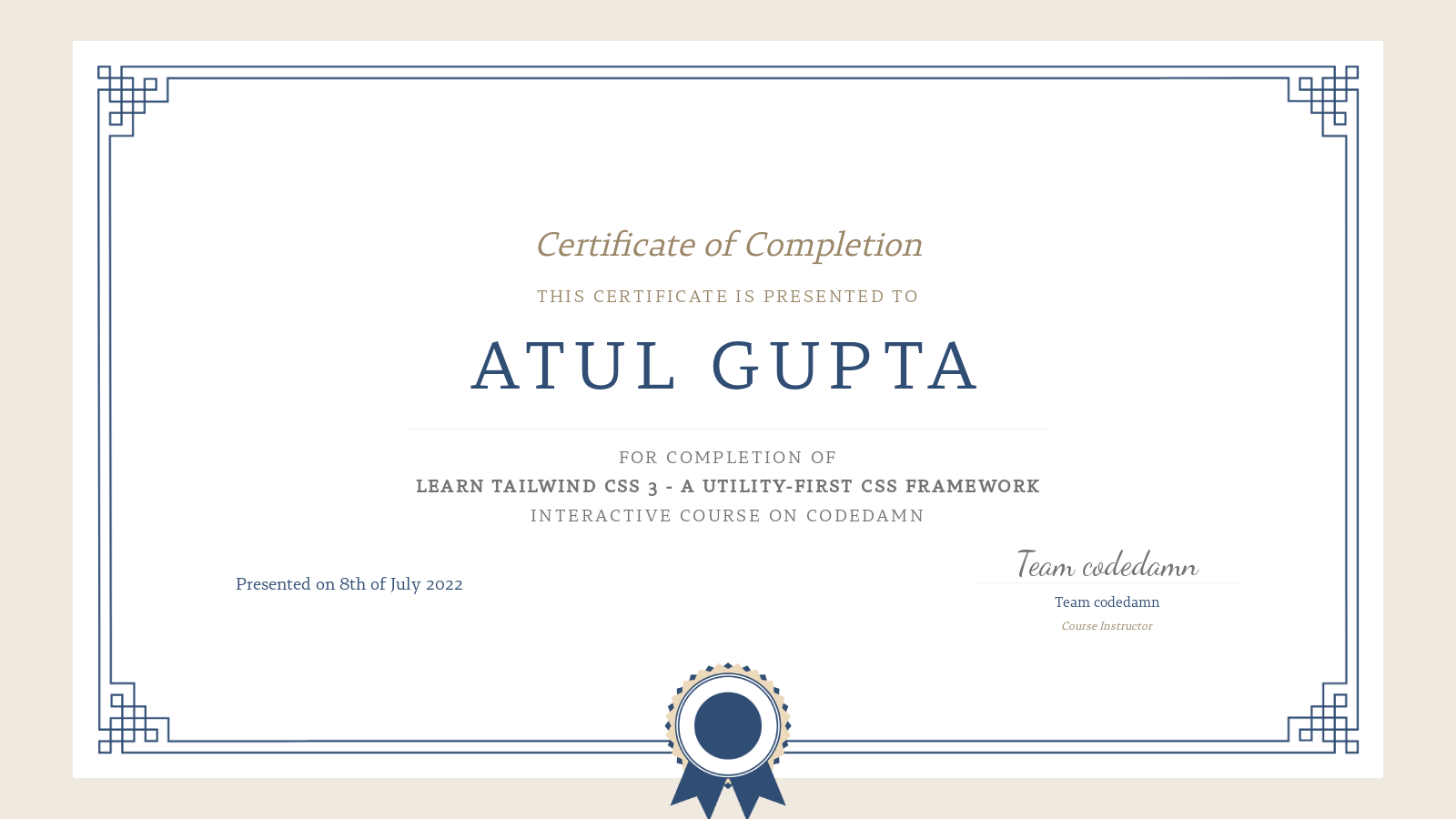 Atul Gupta's certification for Learn Tailwind CSS 3 - A utility-first ...