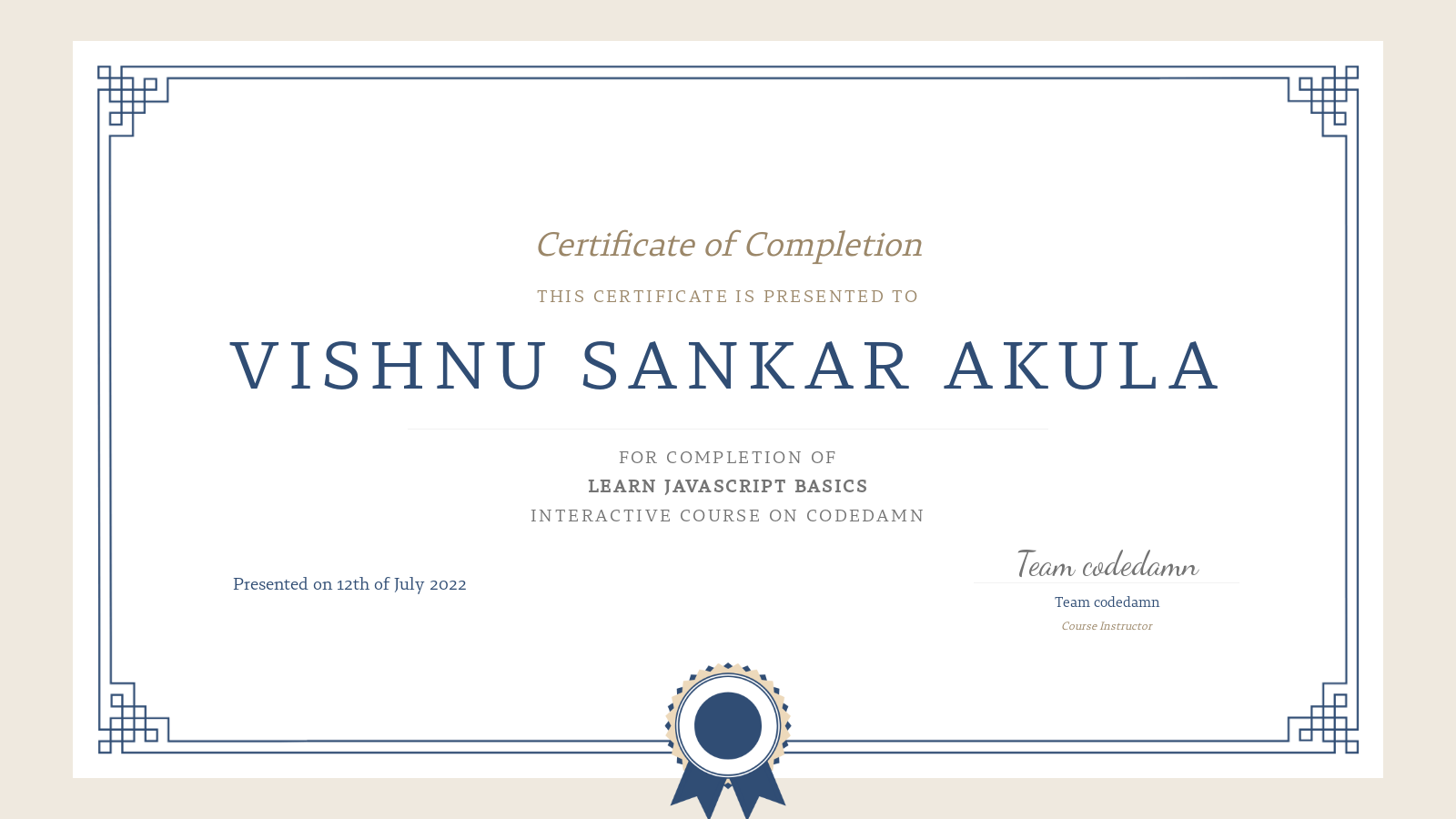 Vishnu Sankar Akula S Certification For Learn Javascript Basics Codedamn 