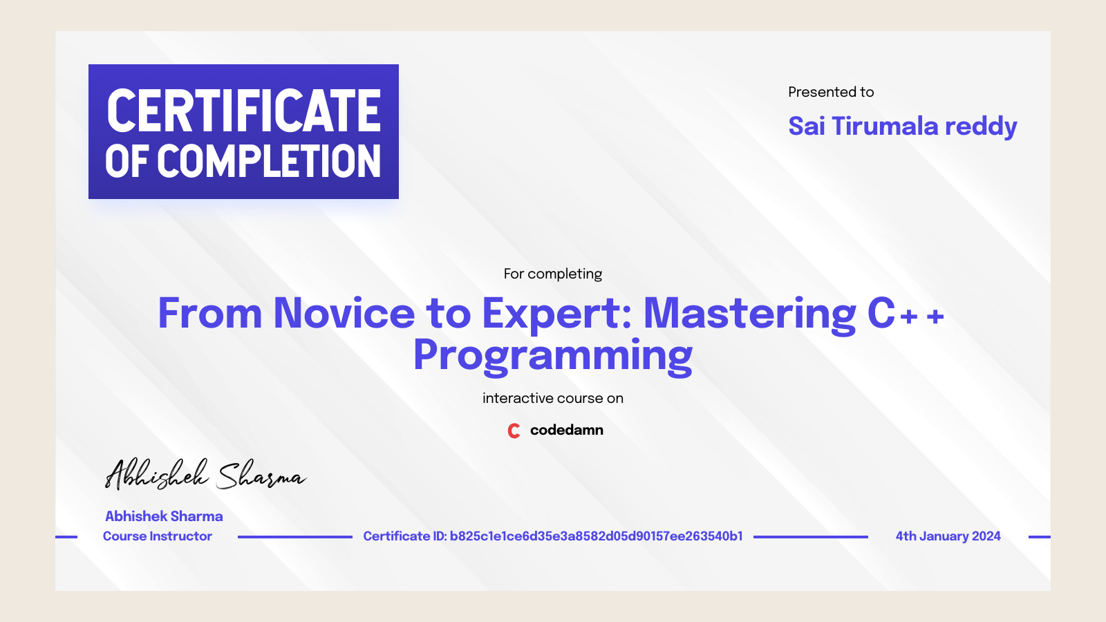 Sai Tirumala reddy's certification for From Novice to Expert: Mastering C++ Programming | codedamn