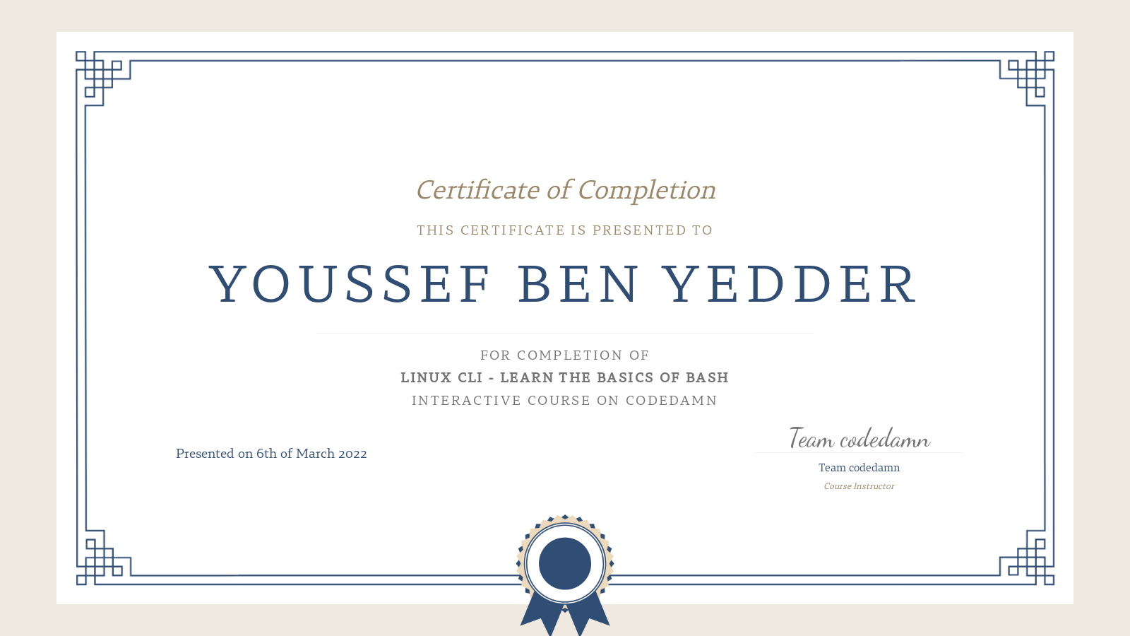 Youssef Ben Yedder's certification for Linux CLI - Learn the basics of bash | codedamn