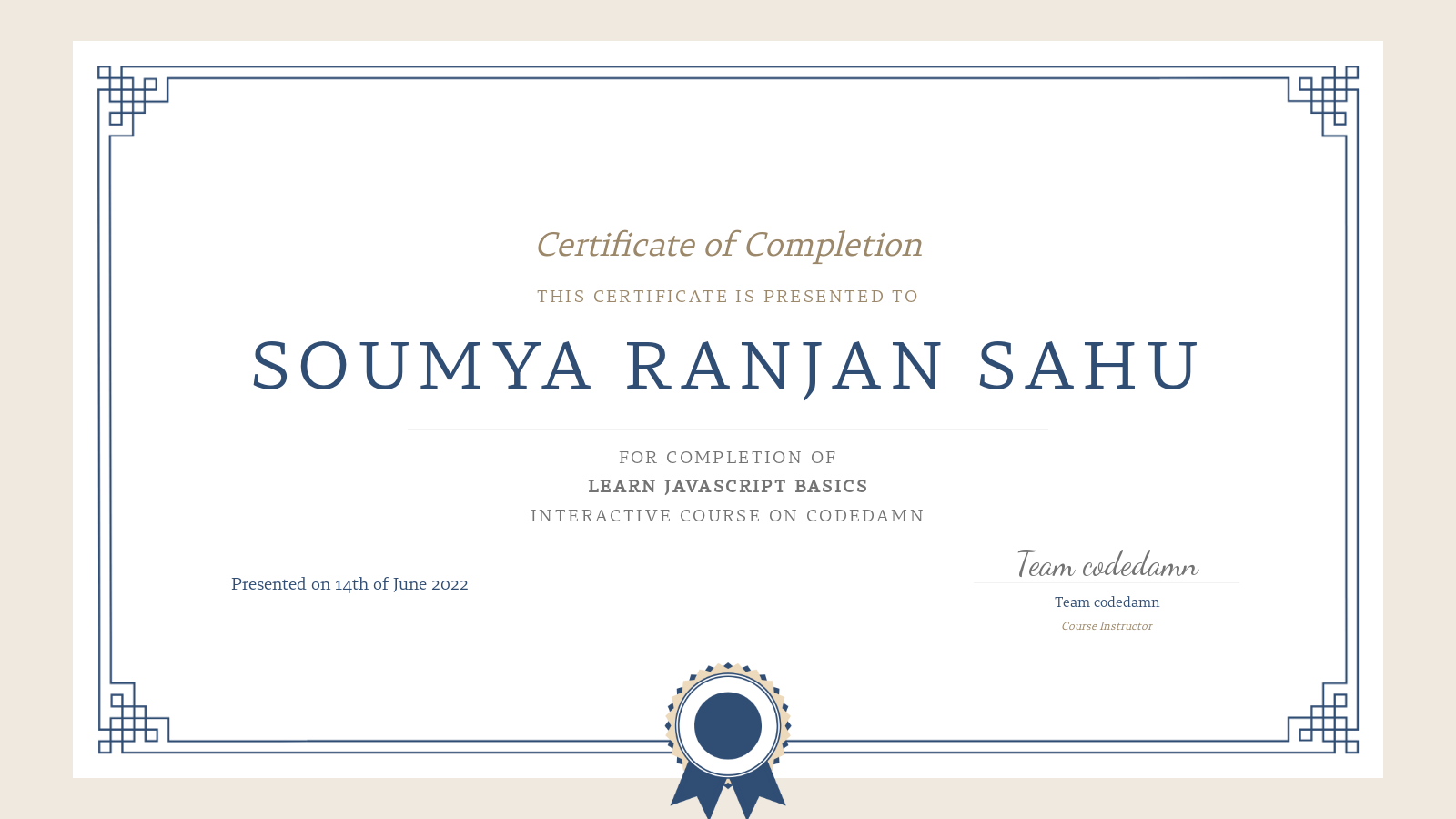 Soumya Ranjan Sahus Certification For Learn Javascript Basics Codedamn