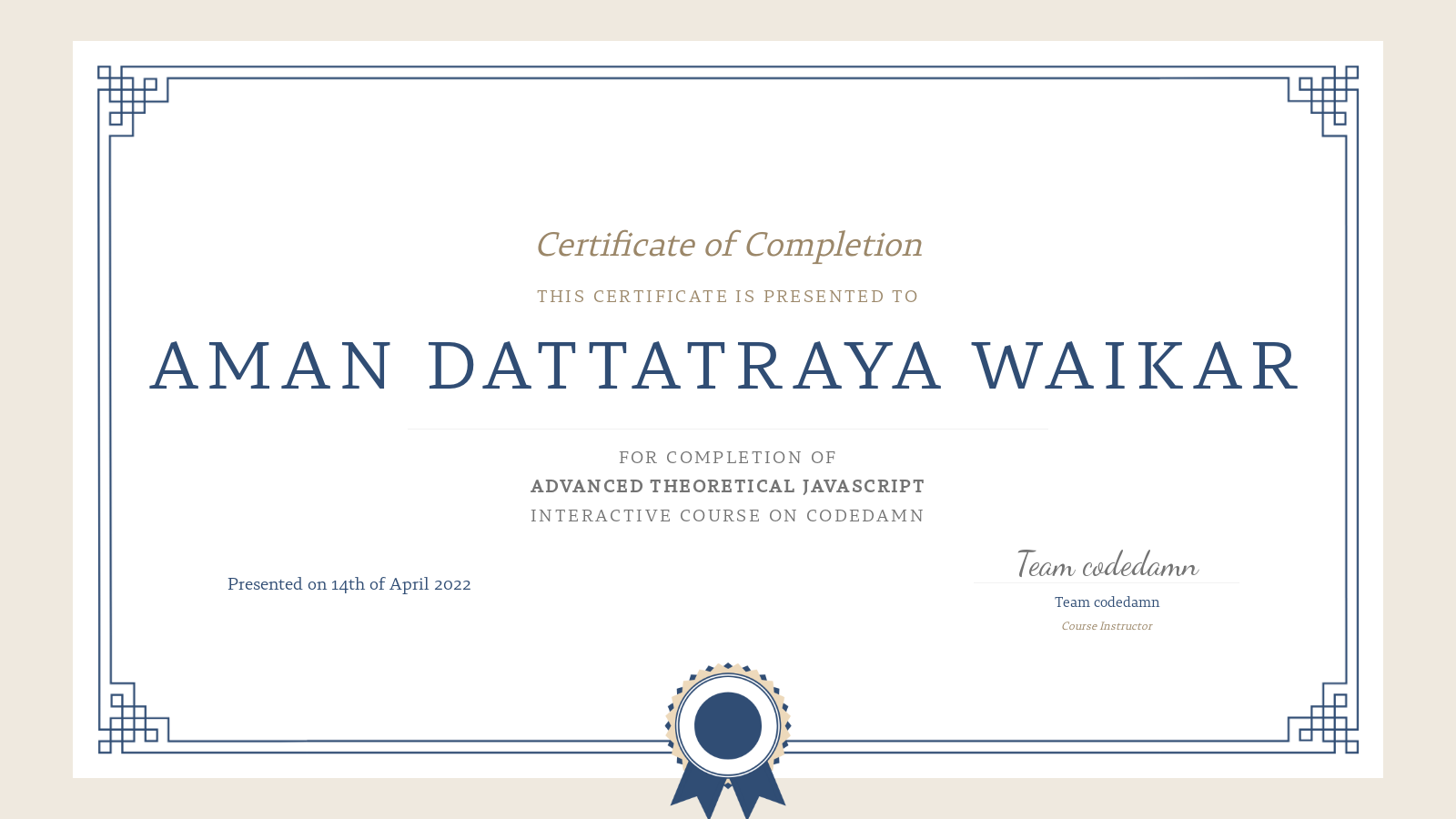 Aman Dattatraya Waikar's certification for Advanced Theoretical JavaScript | codedamn