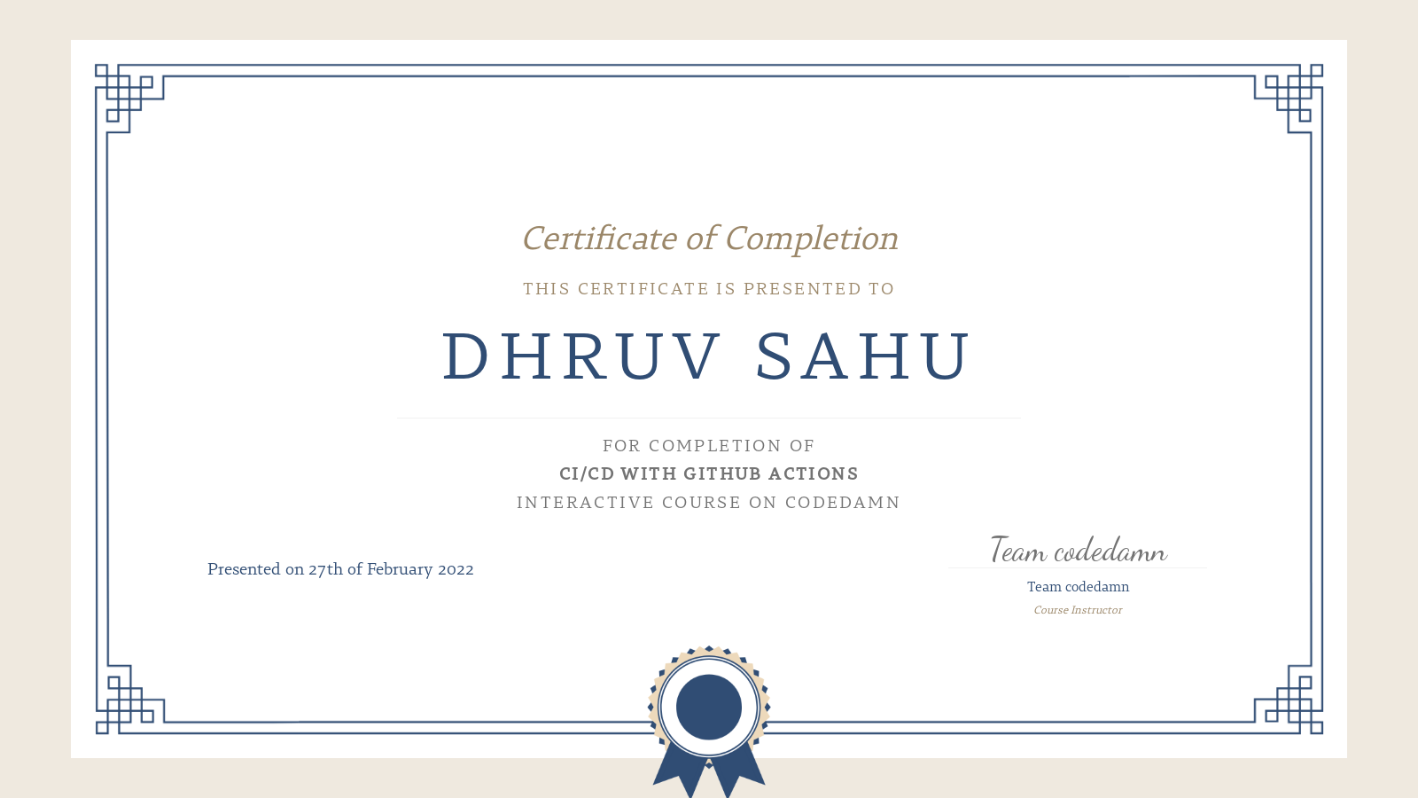 Dhruv Sahu's certification for CI/CD With GitHub Actions | codedamn