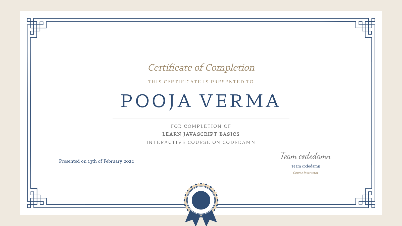 Pooja Vermas Certification For Learn Javascript Basics Codedamn 9396