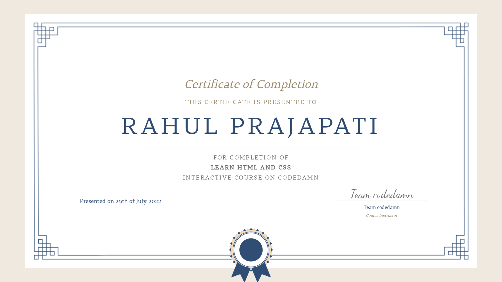 Rahul prajapati's certification for Learn HTML and CSS [2023 Ready] | codedamn