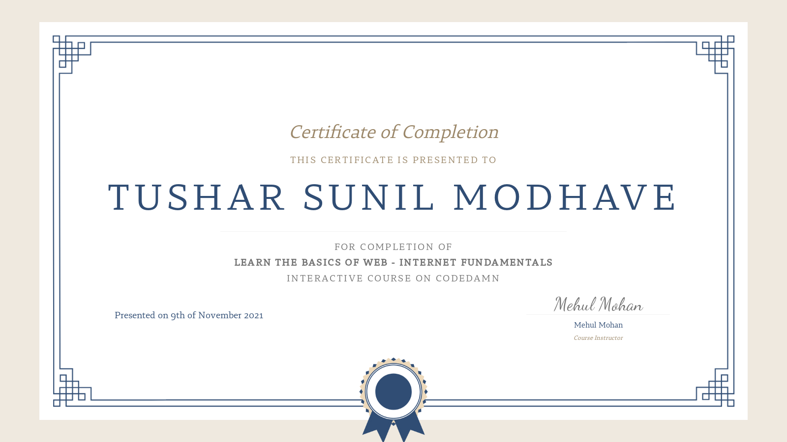 Tushar Sunil Modhaves Certification For Learn The Basics Of Web Internet Fundamentals Codedamn
