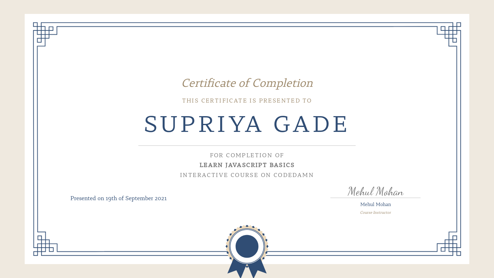 Supriya Gades Certification For Learn Javascript Basics Codedamn 