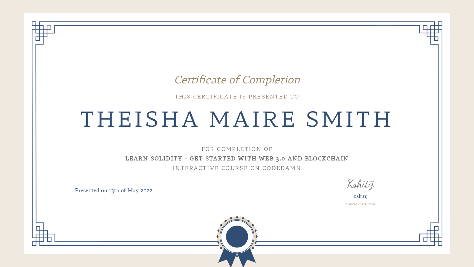 Theisha Maire Smith S Certification For Learn Solidity Get Started With Web 3 0 And