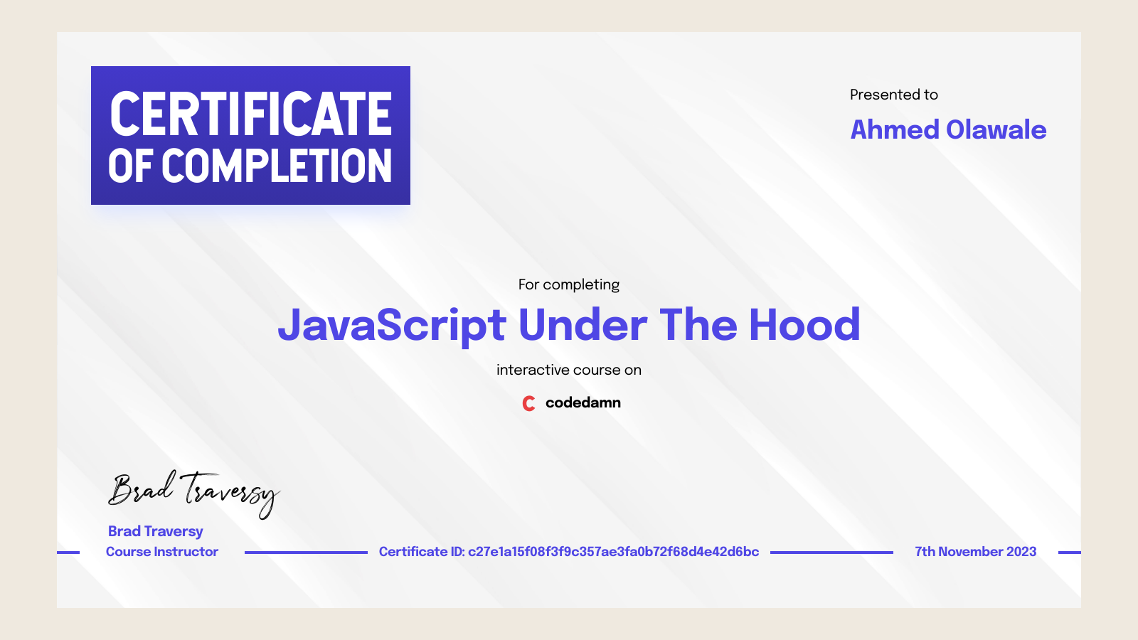 Ahmed Olawale's certification for JavaScript Under The Hood | codedamn
