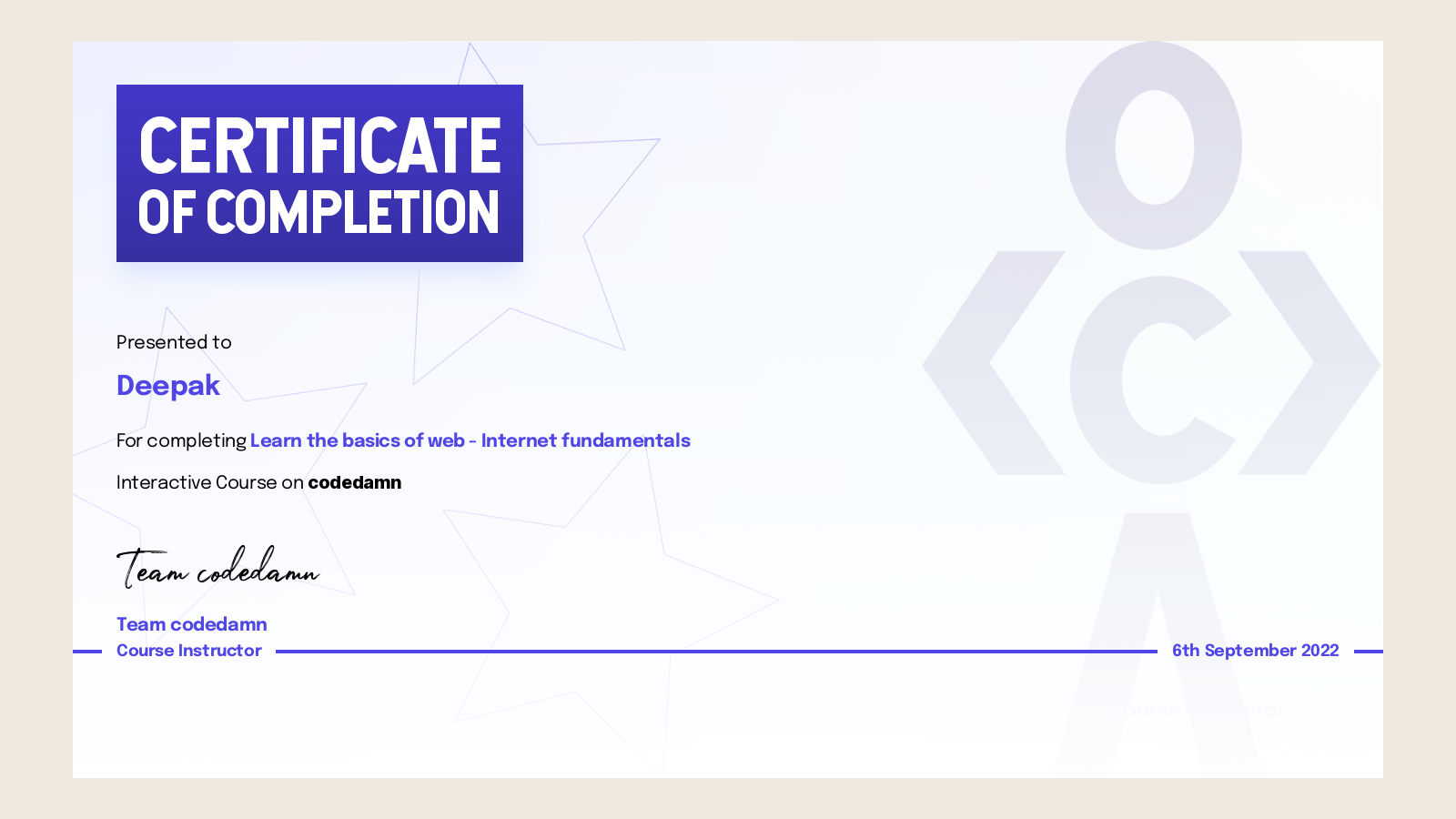 Deepaks Certification For Learn The Basics Of Web Internet Fundamentals Codedamn