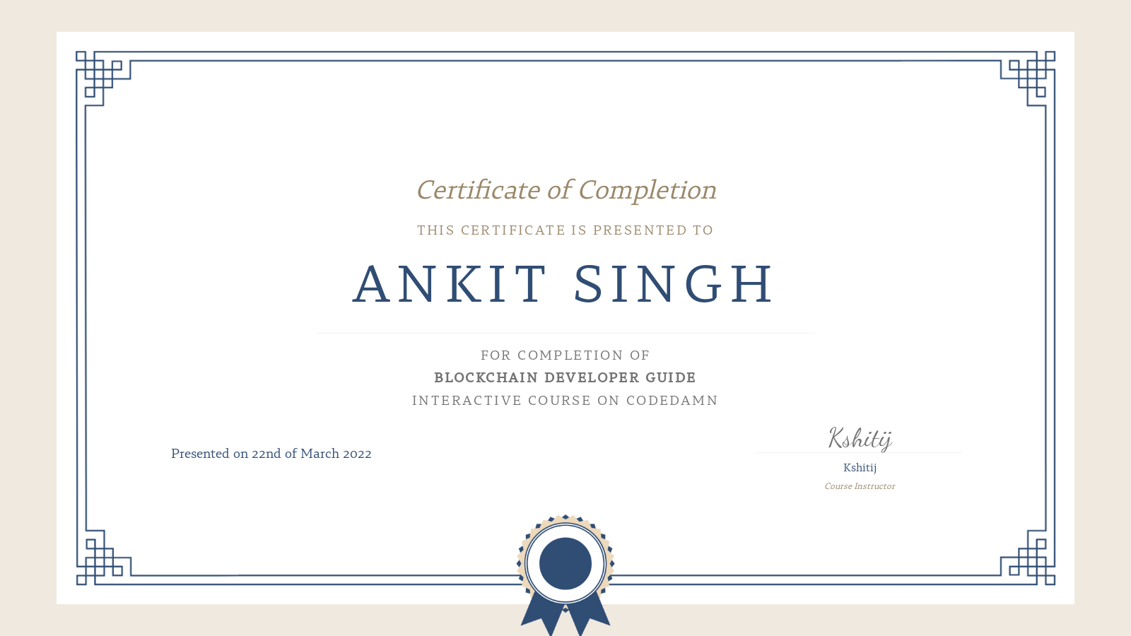 Ankit Singh's certification for Blockchain Developer Guide | codedamn