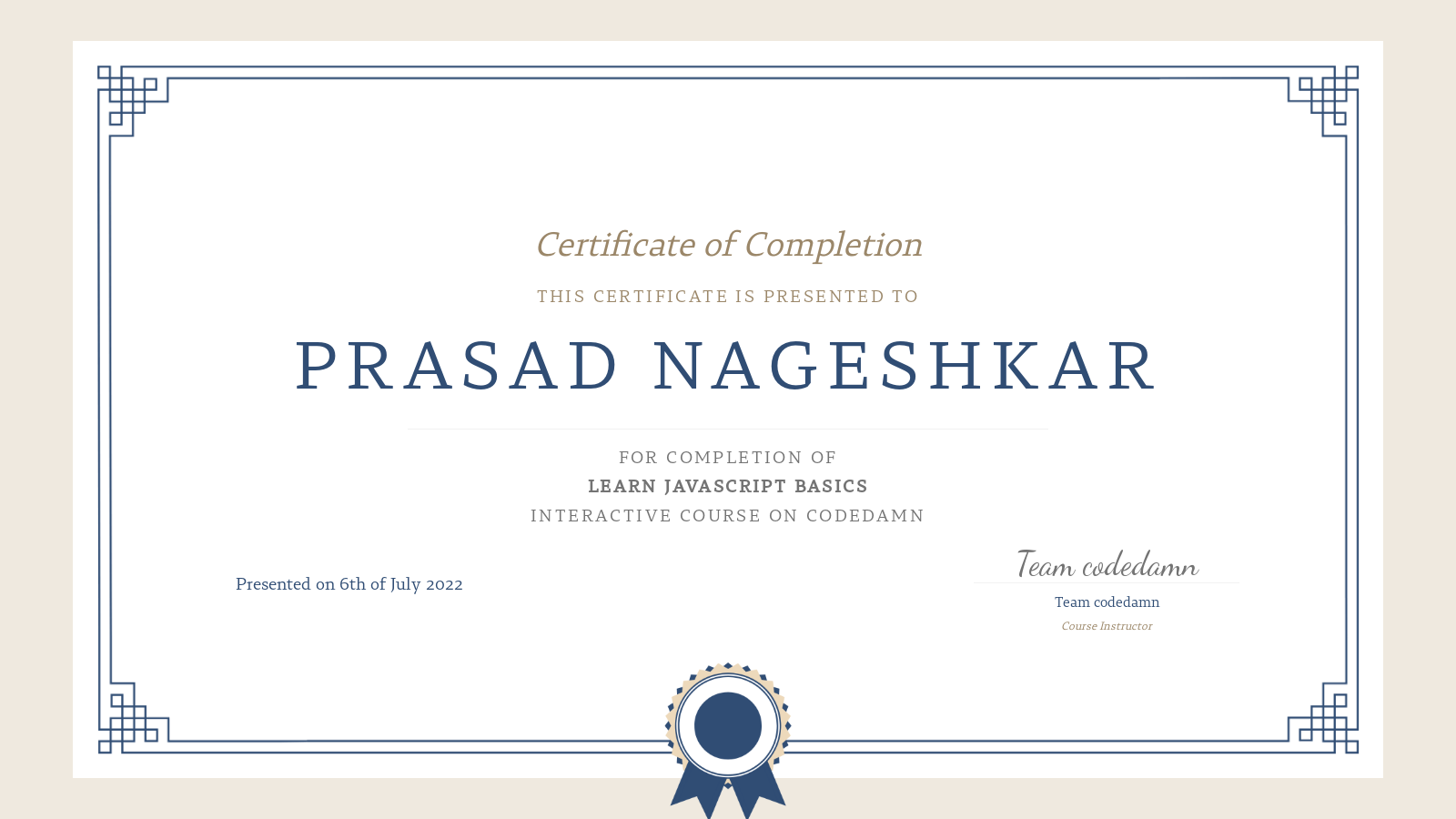 Prasad Nageshkars Certification For Learn Javascript Basics Codedamn 2423