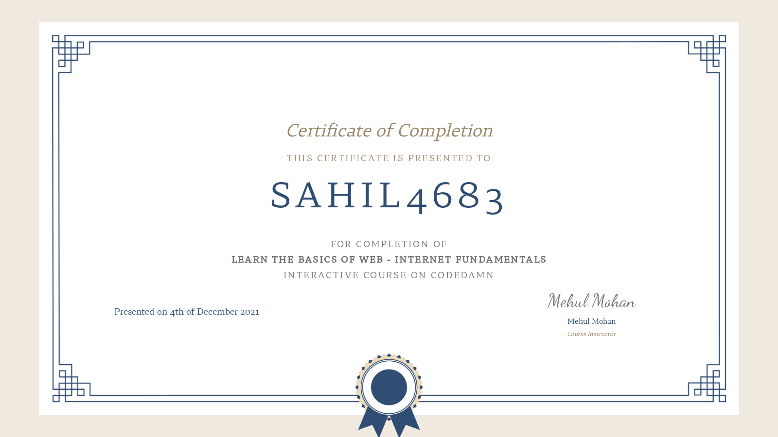 Sahil Patil's certification for Learn the basics of web - Internet fundamentals | codedamn