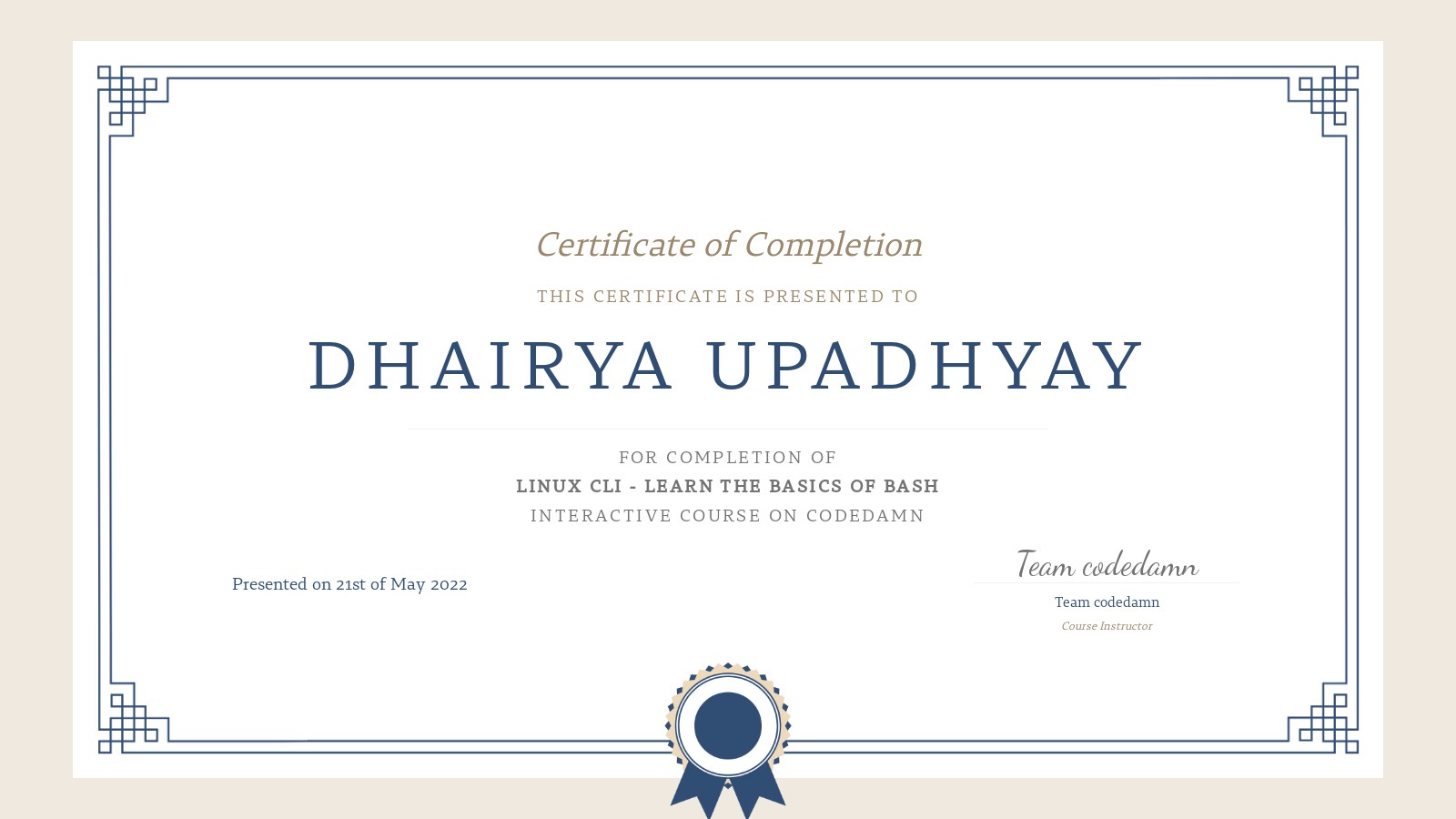 Dhairya Upadhyay's certification for Linux CLI - Learn the basics of bash | codedamn