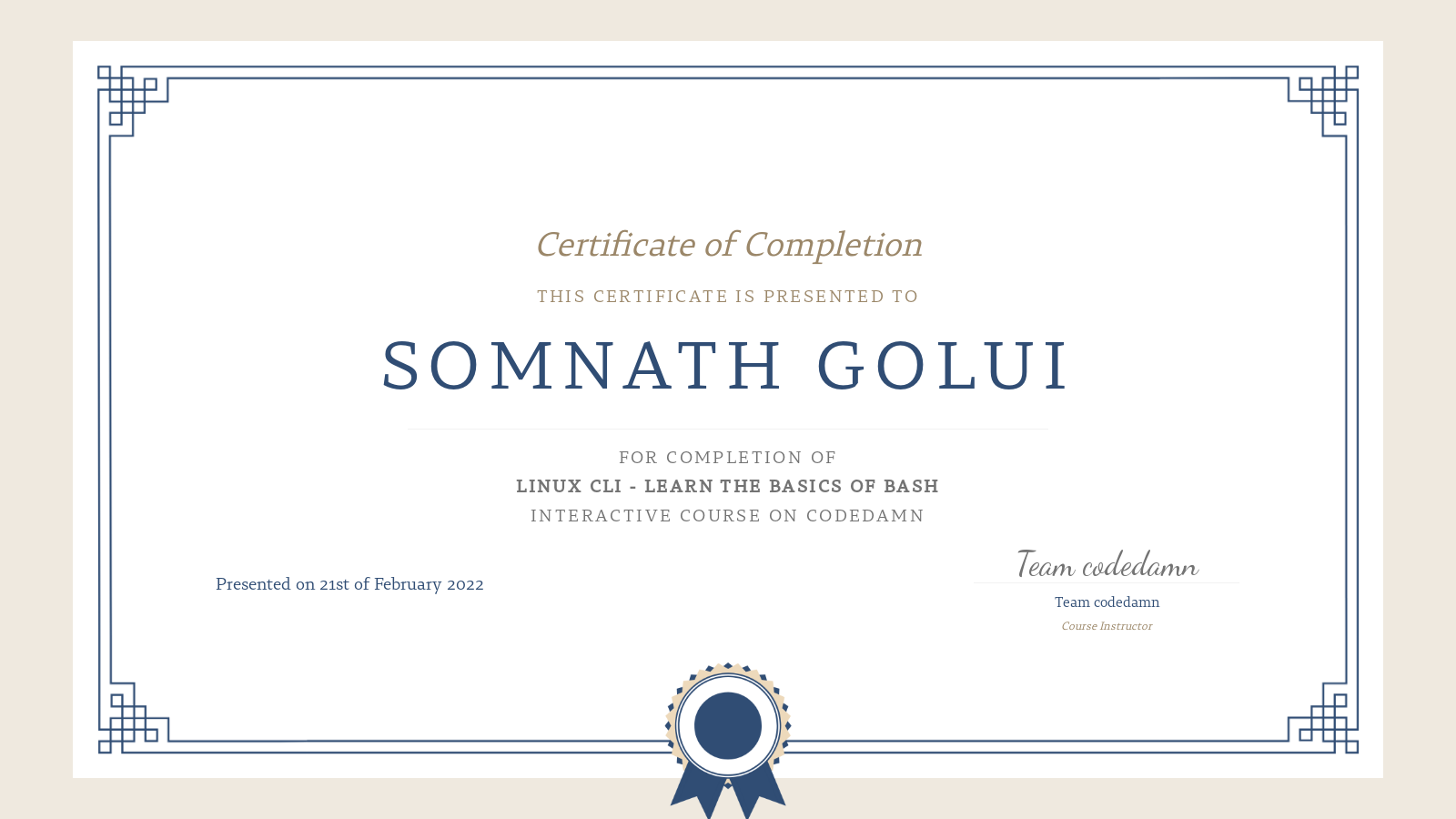 Somnath Golui's certification for Linux CLI - Learn the basics of bash | codedamn