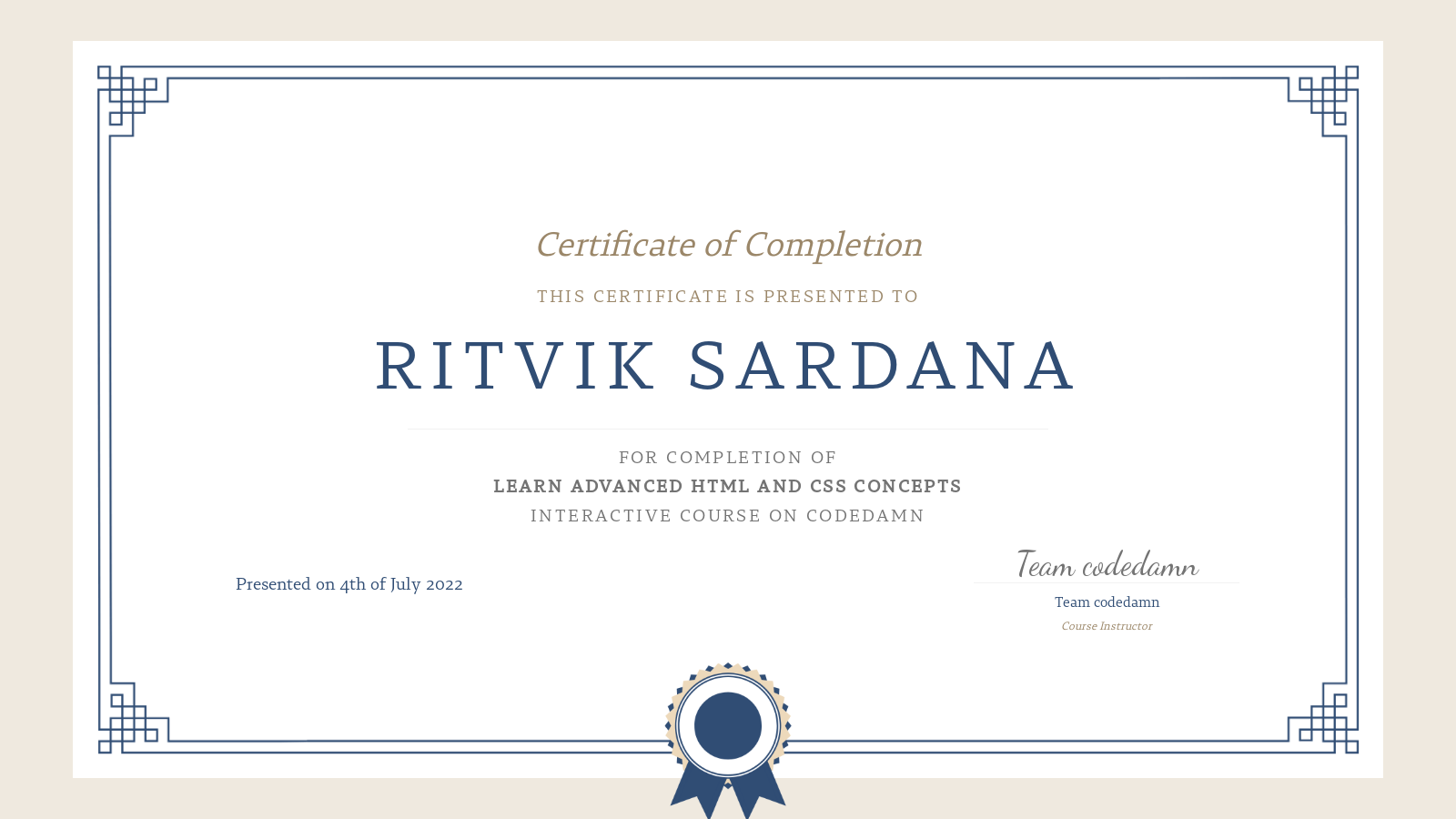 Ritvik Sardana's certification for Learn Advanced HTML and CSS Concepts [Updated - 2023] | codedamn