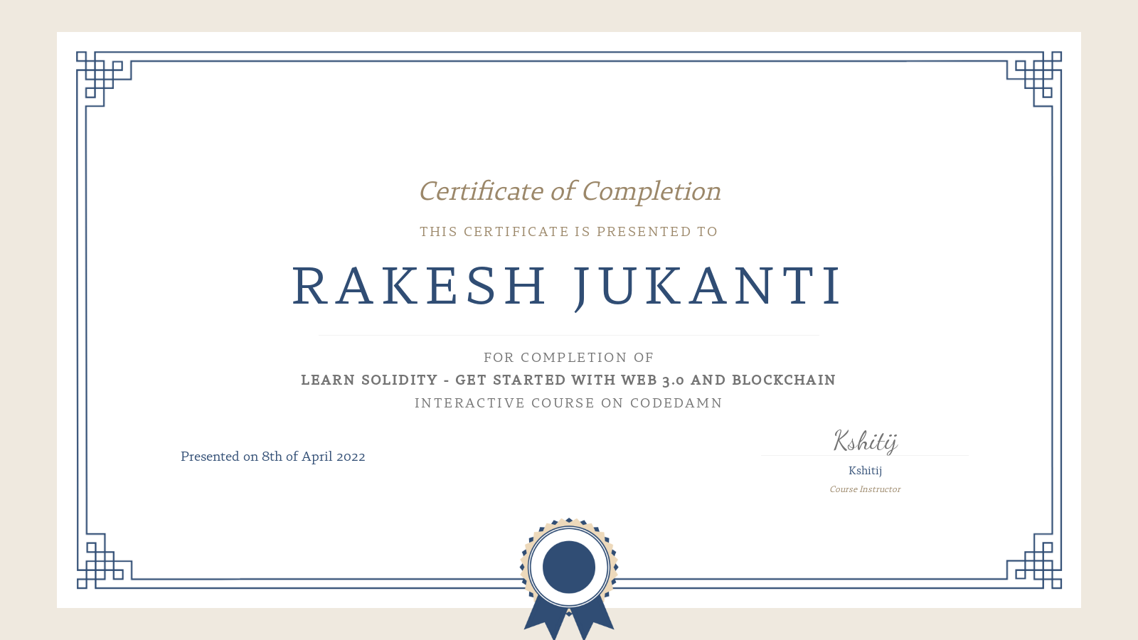 Rakesh Jukanti's certification for Learn Solidity - Get Started With Web 3.0 And Blockchain ...