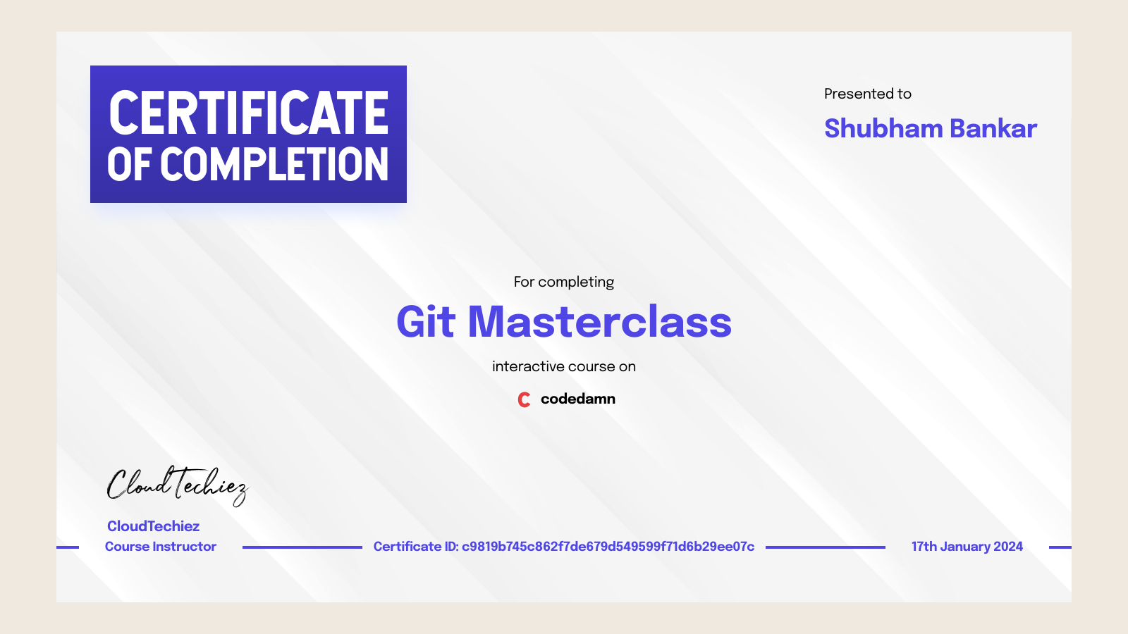 Shubham Bankar's certification for Git Masterclass | codedamn