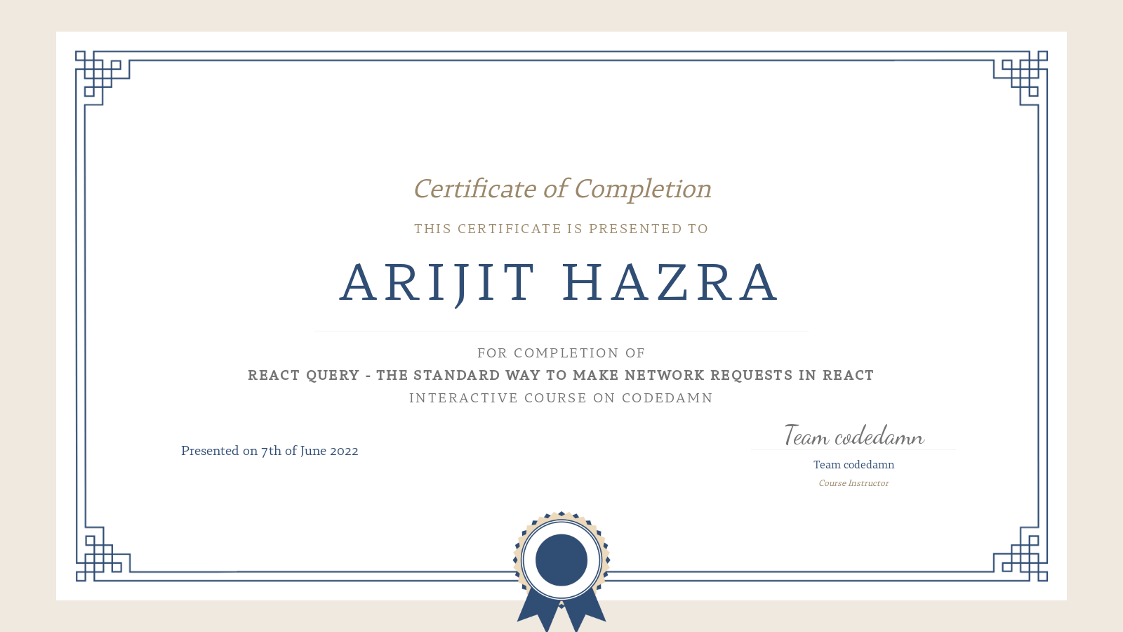 Arijit Hazra's certification for React Query - The standard way to make network requests in ...