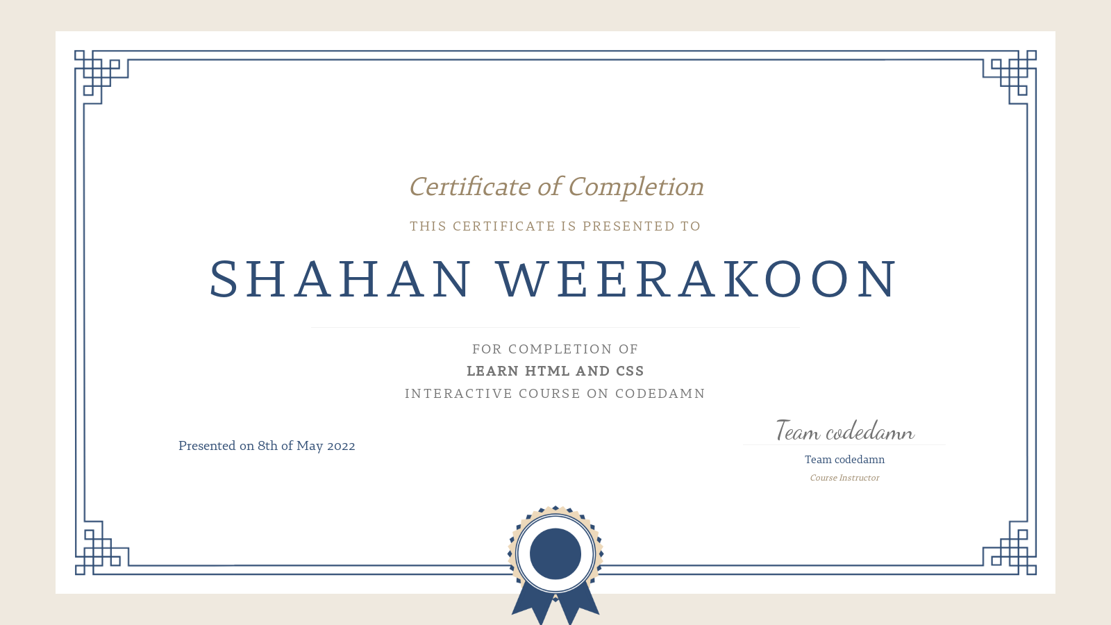 shahan weerakoon's certification for Learn HTML and CSS [2023 Ready] | codedamn