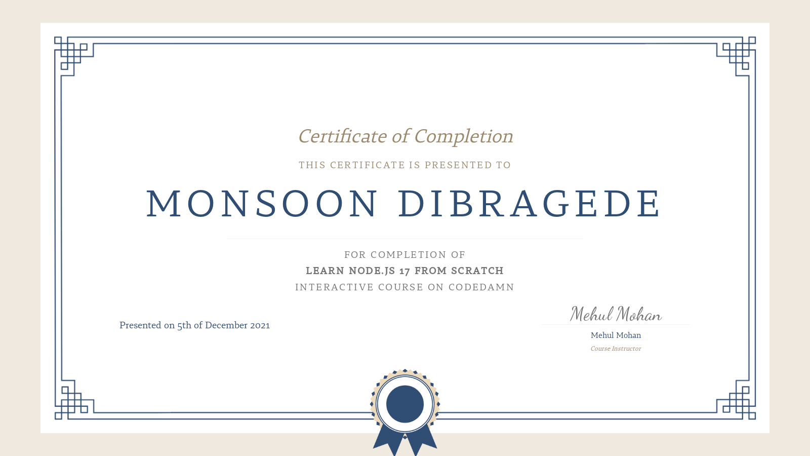 Monsoon Dibragede's certification for Learn Node.js From Scratch | codedamn