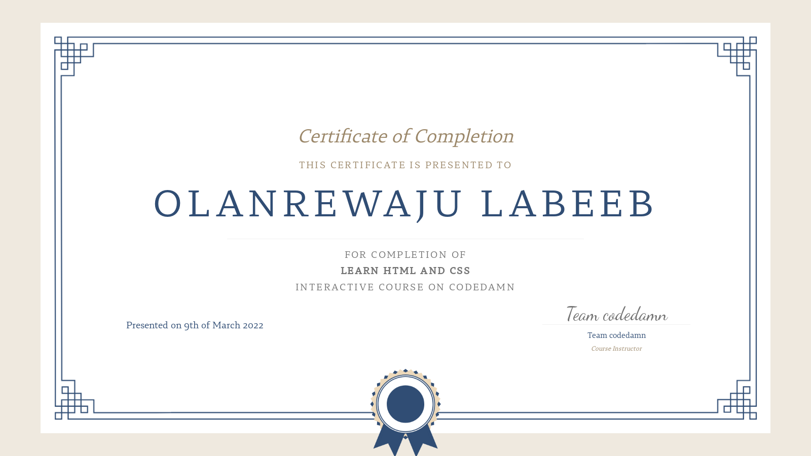Olanrewaju Labeeb S Certification For Learn Html And Css [2023 Ready] Codedamn