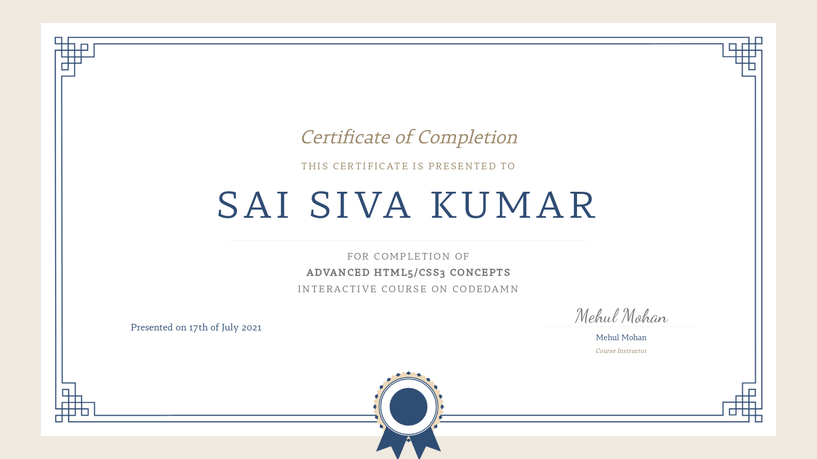 Sai Siva Kumars Certification For Learn Advanced Html And Css Concepts Updated 2023 Codedamn 