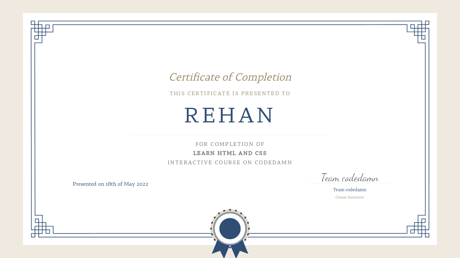 REHAN's certification for Learn HTML and CSS [2023 Ready] | codedamn