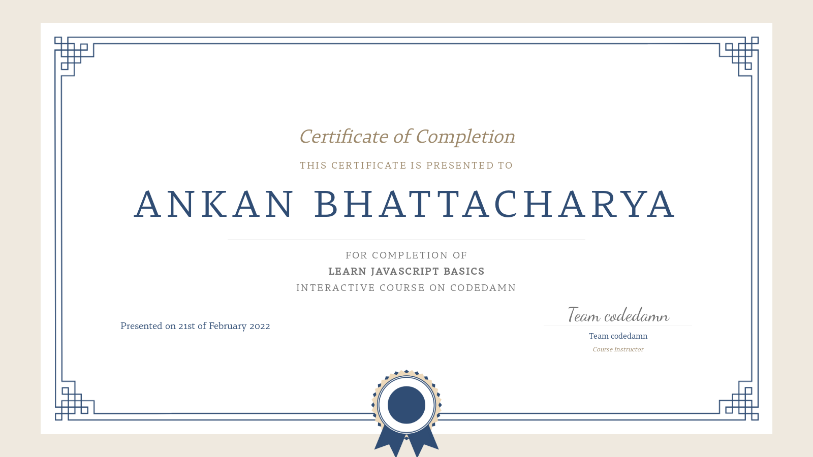 Ankan Bhattacharya's certification for Learn JavaScript Basics | codedamn