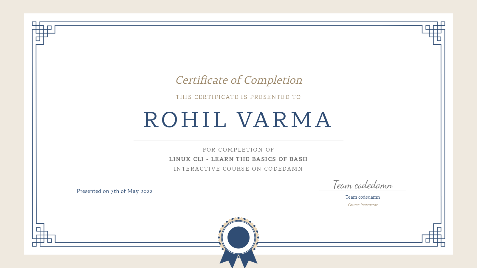 Rohil Varma's certification for Linux CLI - Learn the basics of bash | codedamn