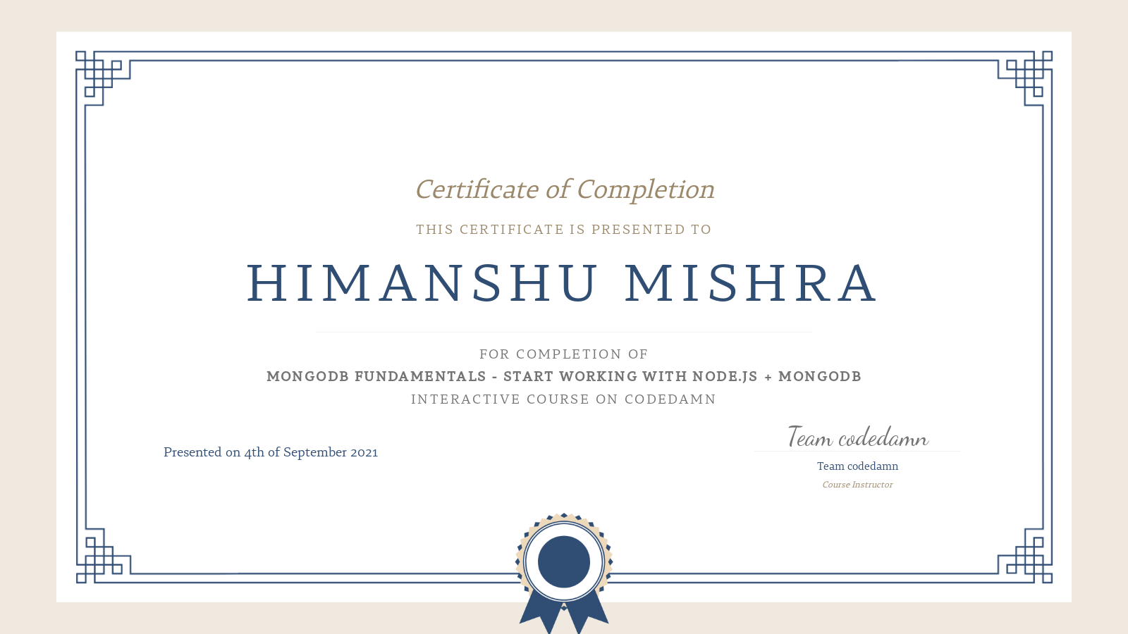 Himanshu Mishra's certification for Learn MongoDB with Node.js | codedamn